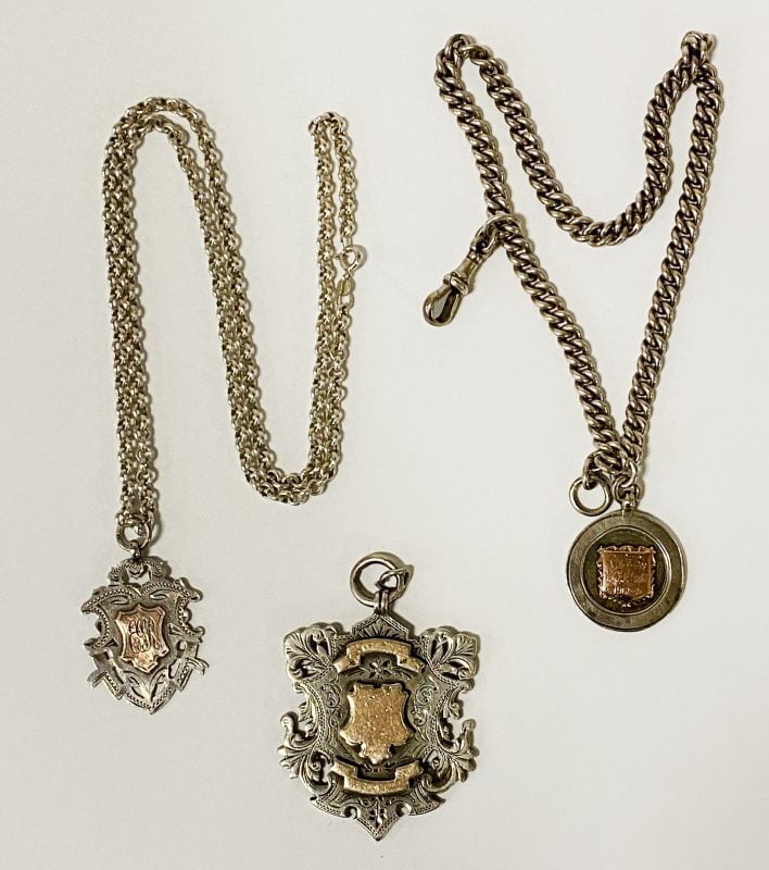 3 SILVER CRICKET MEDALS WITH 9CT GOLD CONTENT AND SILVER CHAINS 3OZS ...