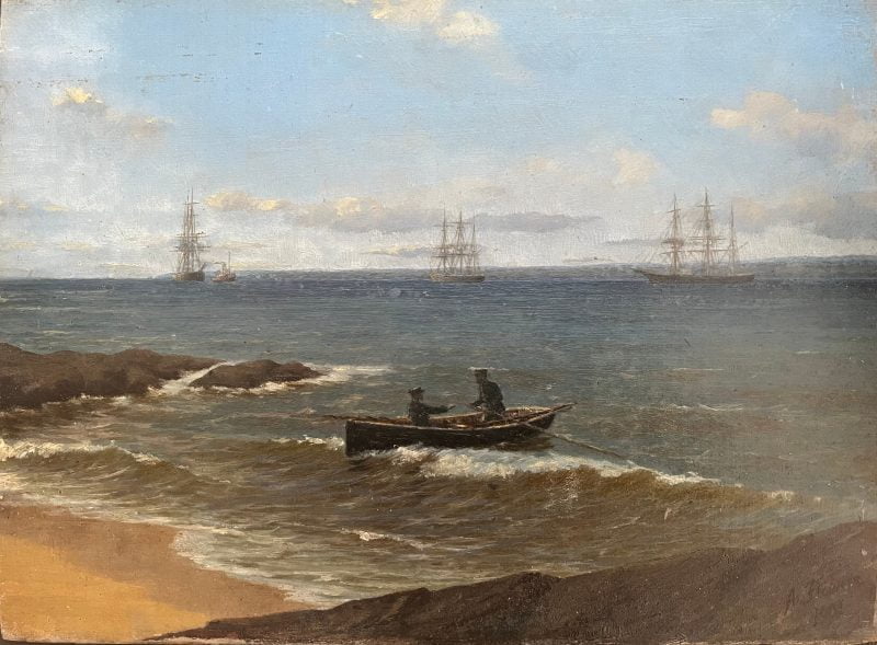 ALFRED FLOWERS 1860-1920 OIL ON PANEL - ROWING OUT FROM SHORE - SIGNED ...