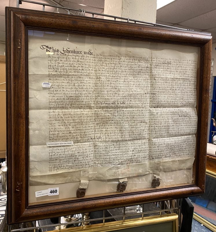 OLD INDENTURE WITH OAK FRAME - Southgate Auction Rooms