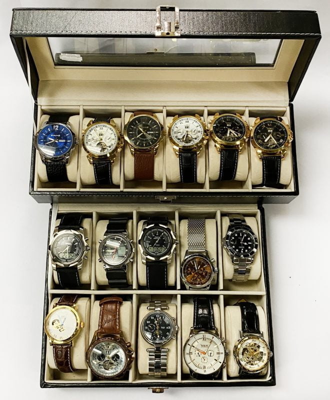 16 WATCHES IN 2 LEATHER WATCH CASES - Southgate Auction Rooms