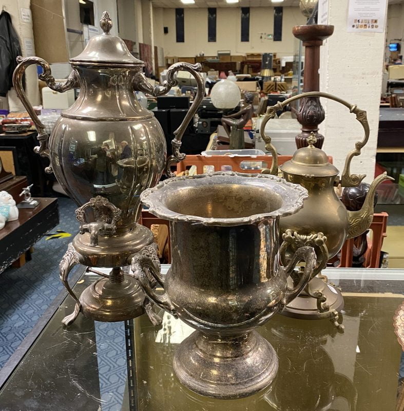 SILVER PLATE SAMOVAR, ICE BUCKET & SET OF SPOONS WITH BRASS SPIRIT ...