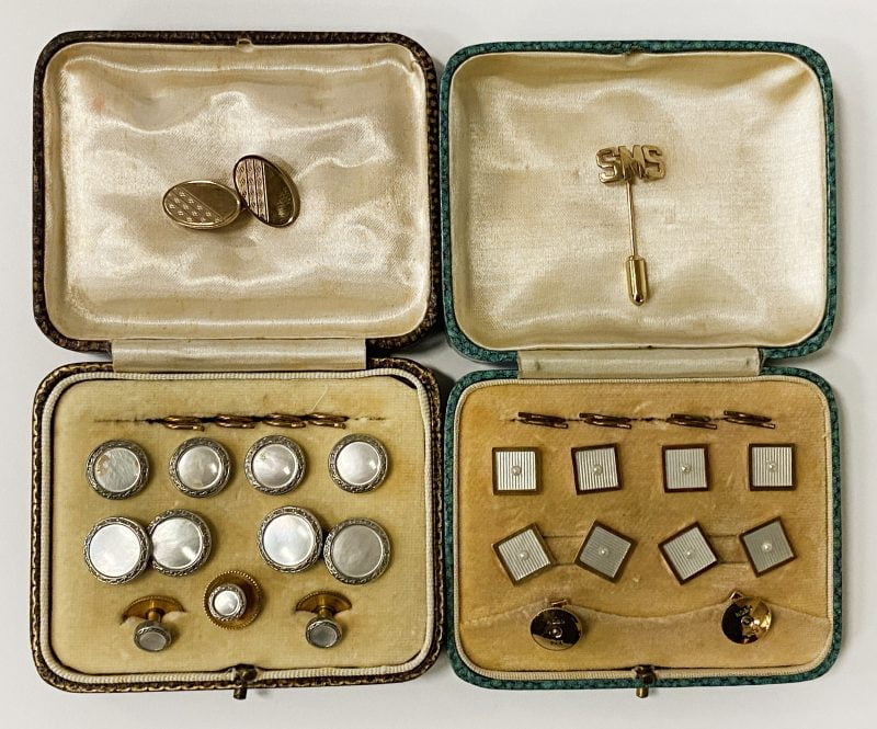 TWO COLLAR STUD SETS - 1 IS 9CT GOLD WITH A SINGLE 9CT GOLD CUFFLINK ...