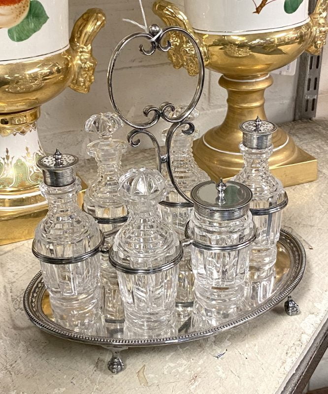 CRYSTAL GLASS & SILVER PLATE CONDIMENT SET - Southgate Auction Rooms