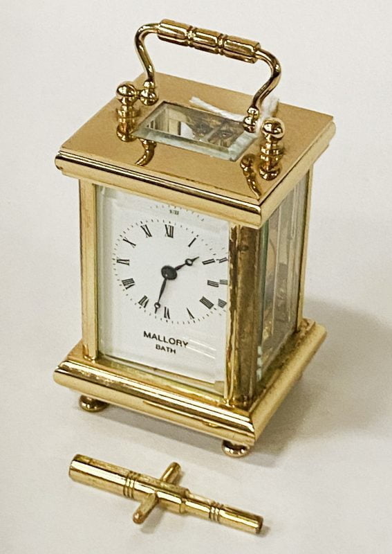 CARRIAGE CLOCK WITH KEY - MALLORY - BATH 9CMS (H) APPROX A/F ...