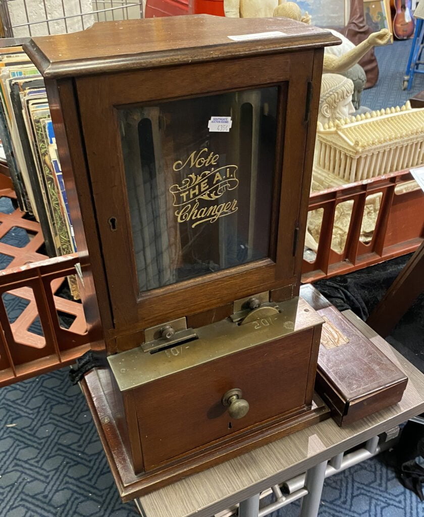 ANTIQUE COIN CHANGER, MADE IN MAHOGANY & BRASS - 2 SLOTS - A/F 50CM ...