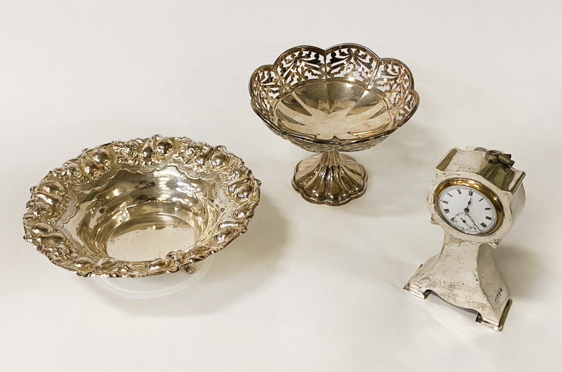HM SILVER COMPORT WITH HM SILVER BOWL & ART NOUVEAU TABLE CLOCK - 13 ...
