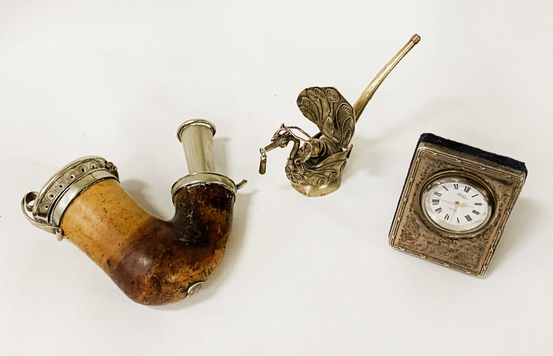 SILVER CASED TRAVEL CLOCK BY R.CARR INSCRIBED WITH AN EARLY KORN PIPE ...