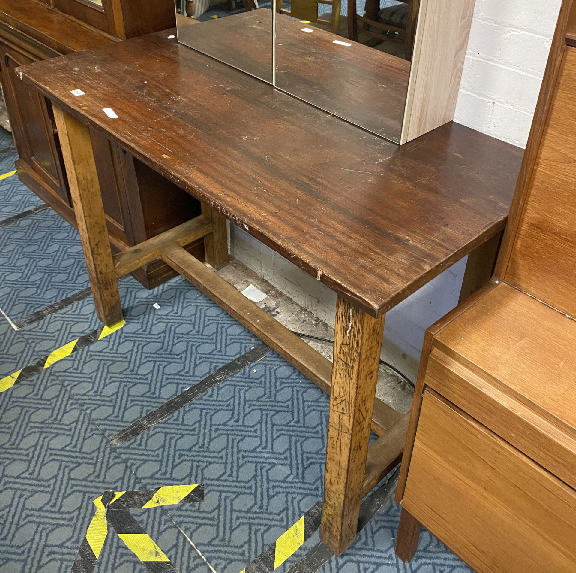INDUSTRIAL LAB TABLE WITH JAPANESE IROKO TOP - Southgate Auction Rooms