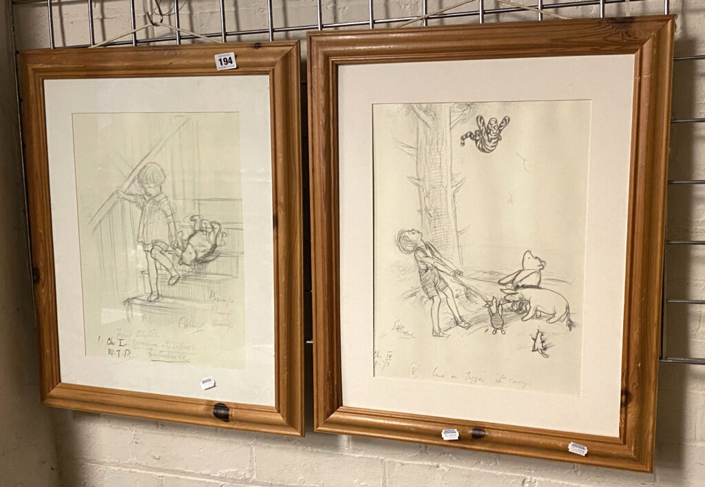 TWO ERNEST HOWARD SHEPARD FRAMED WINNIE THE POOH PRINTS - 39 X 29 CMS ...