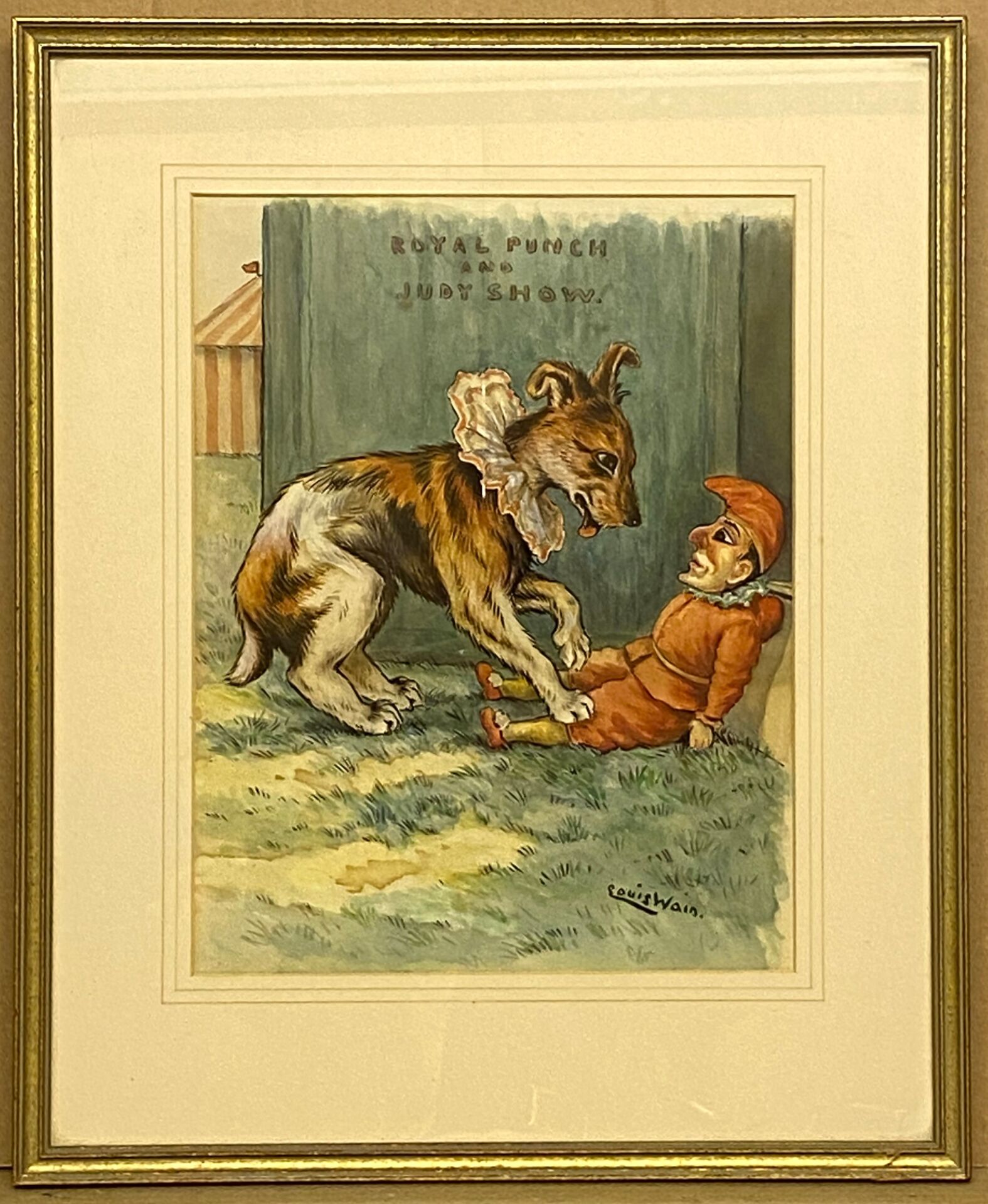 LOUIS WAIN SIGNED WATERCOLOUR 'PUNCH AND HIS DOG' - 28 X 36 CMS WITHOUT ...