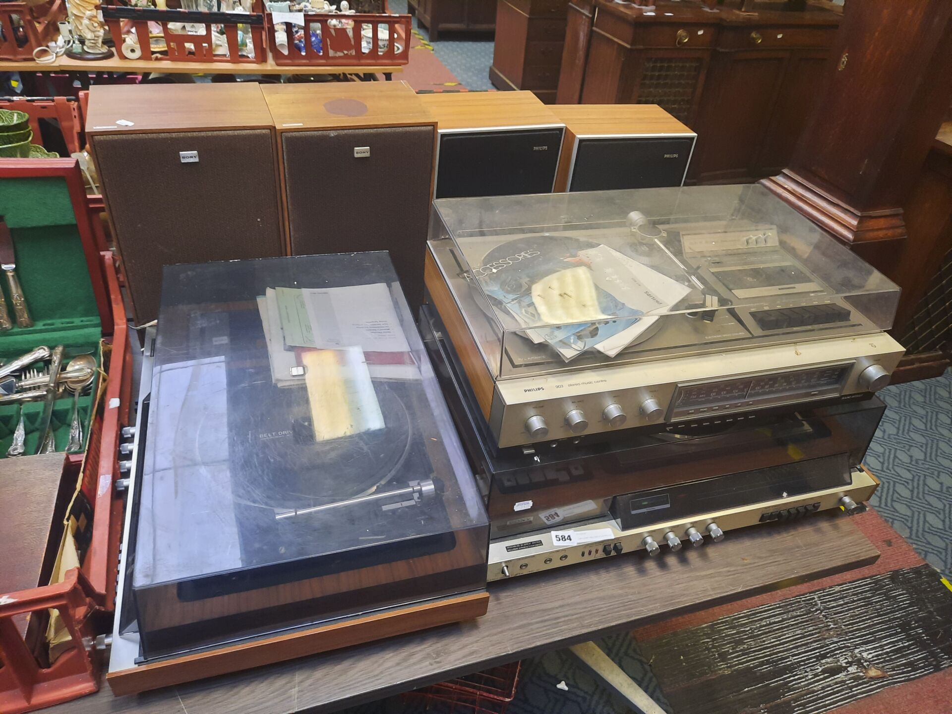 TWO SONY RECORD PLAYERS WITH A SET OF SPEAKERS & PHILLIPS MUSIC CENTRE ...