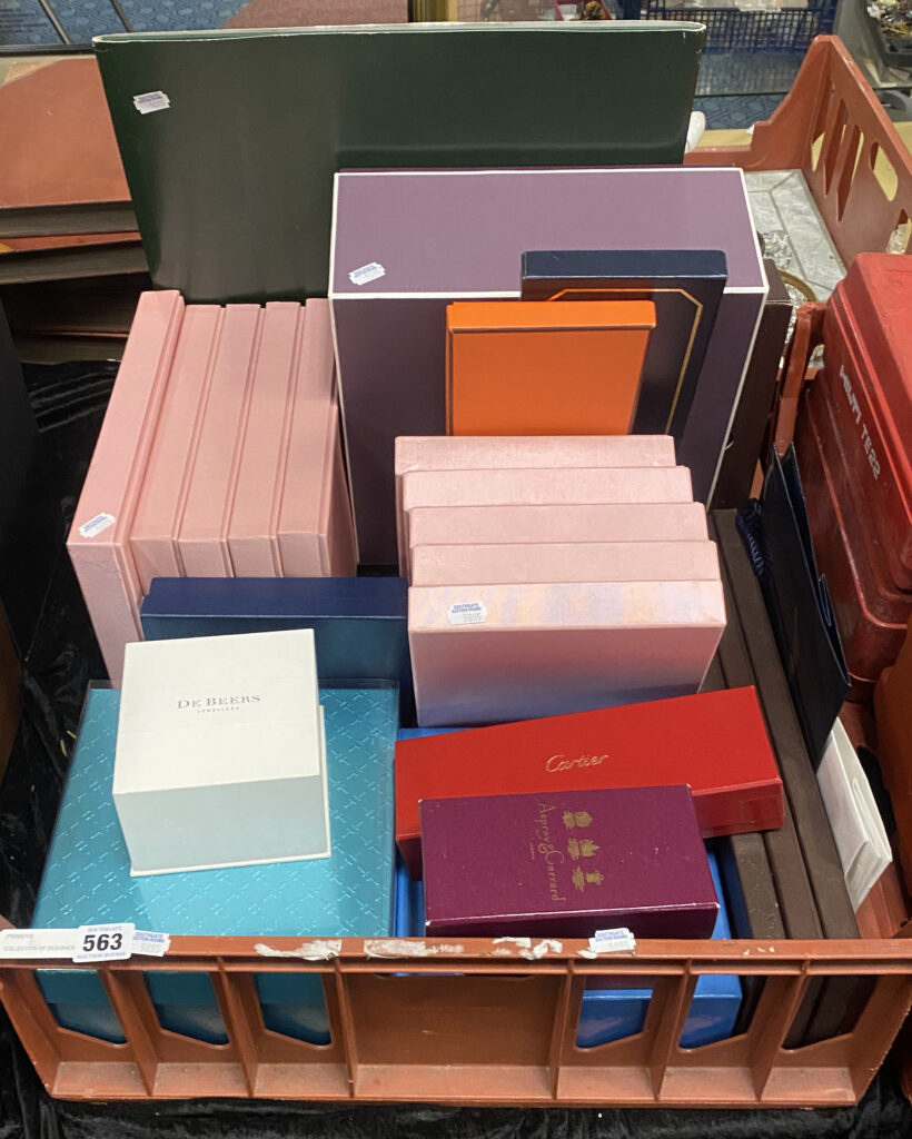 COLLECTION OF DESIGNER PACKAGING BOXES INC. TIFFANY, CARTIER, ASPREY, GARRARD, HERMES, CHOPPARD ...