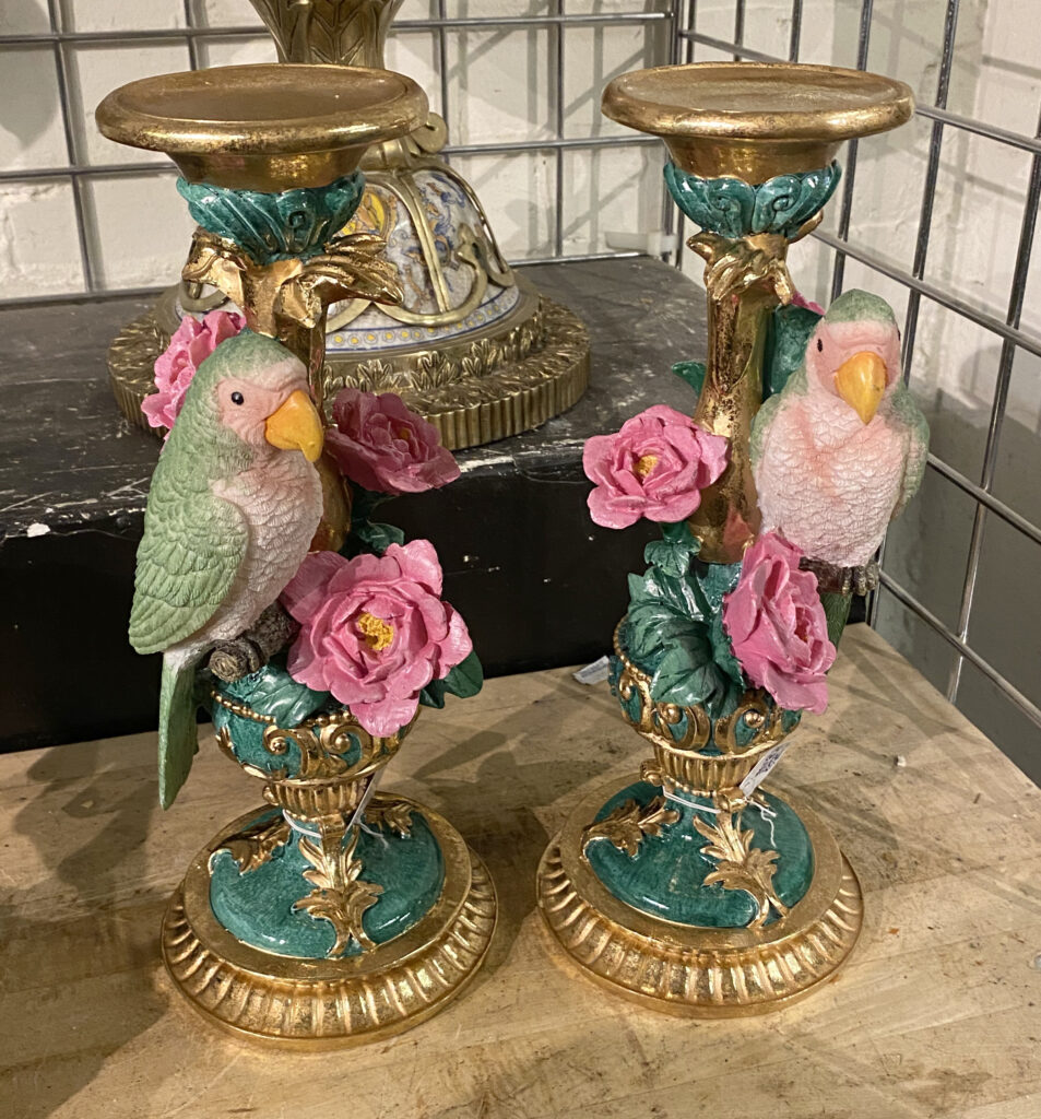 GREEN PARROT CANDLESTICKS - 30 CMS (H) APPROX - Southgate Auction Rooms