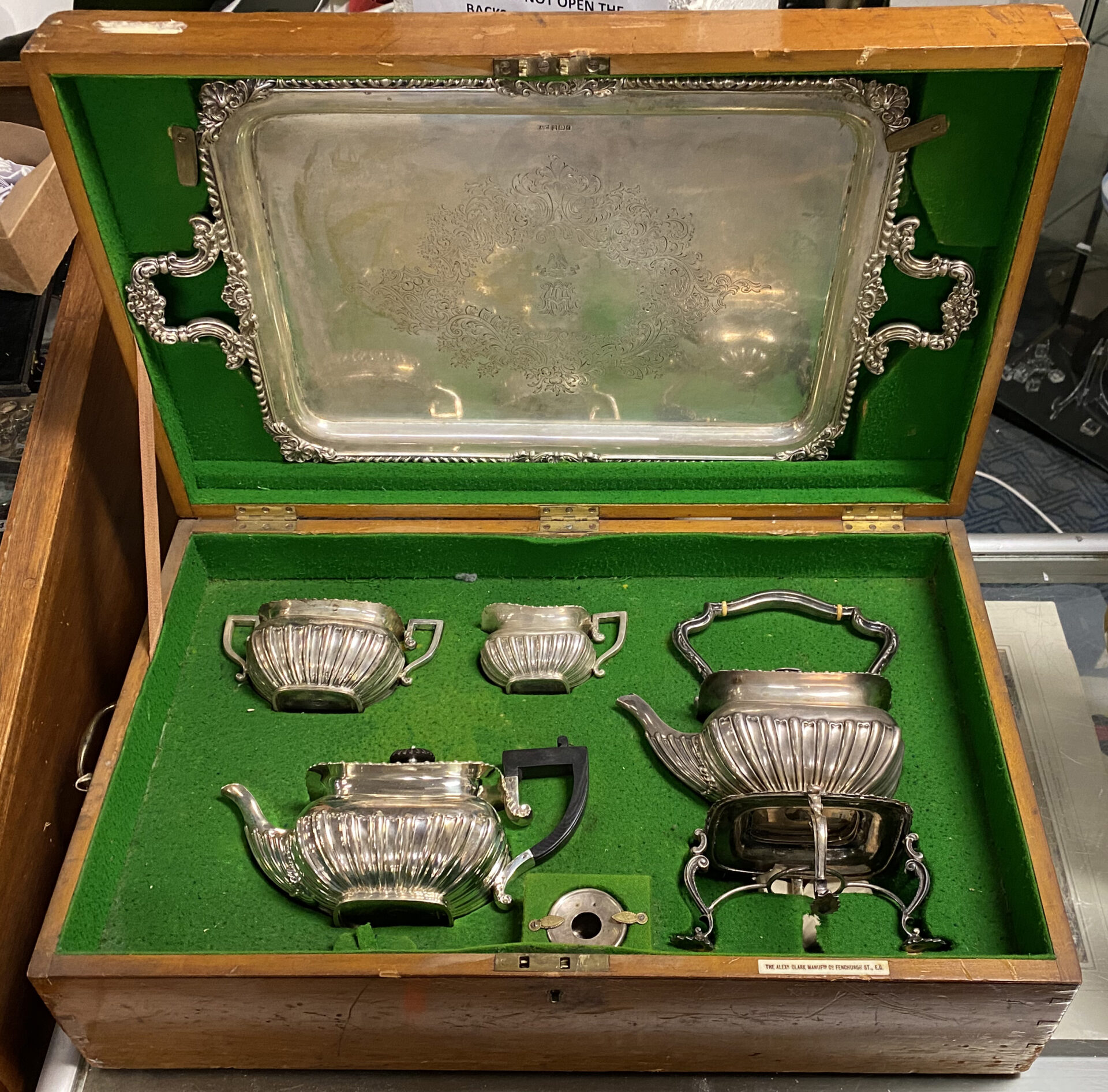 HM SILVER VICTORIAN BOXED TEA SET WITH TRAY & SPIRIT KETTLE - ALEX ...