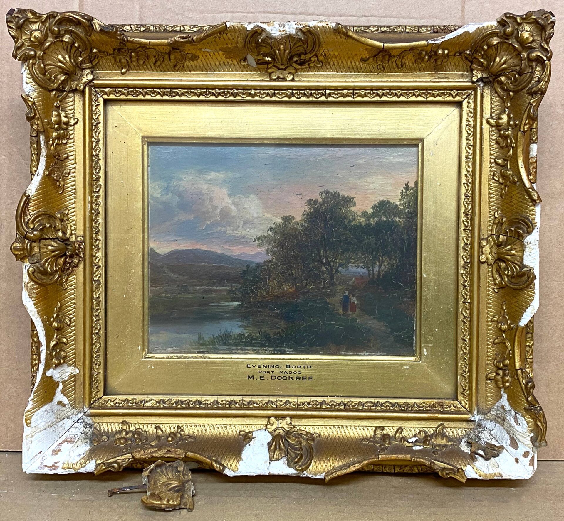M.E DOCKREE OIL ON PANEL - FRAME NEEDS REPAIR 30CM X 26CM OUTER FRAME ...