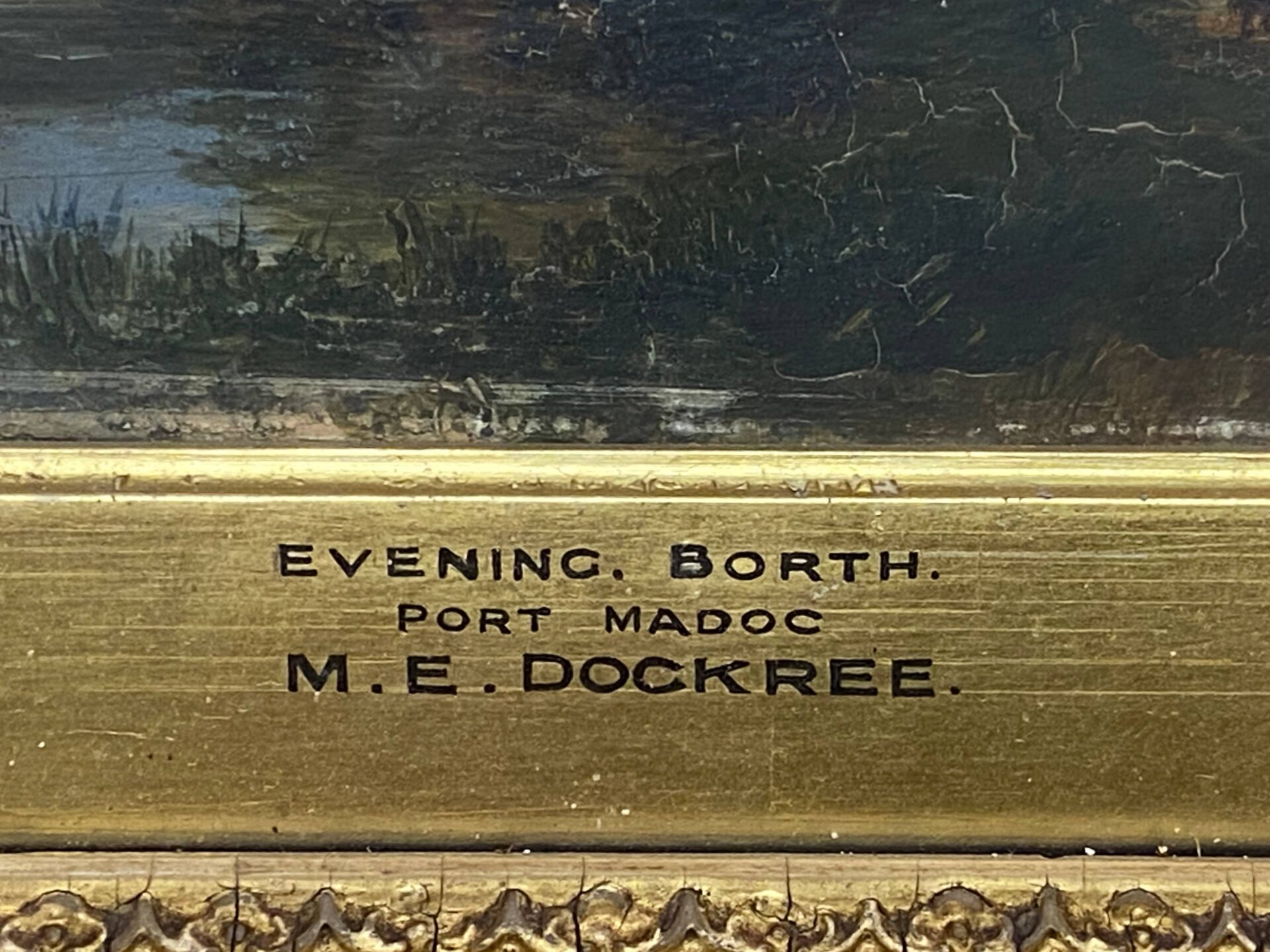 M.E DOCKREE OIL ON PANEL - FRAME NEEDS REPAIR 30CM X 26CM OUTER FRAME ...
