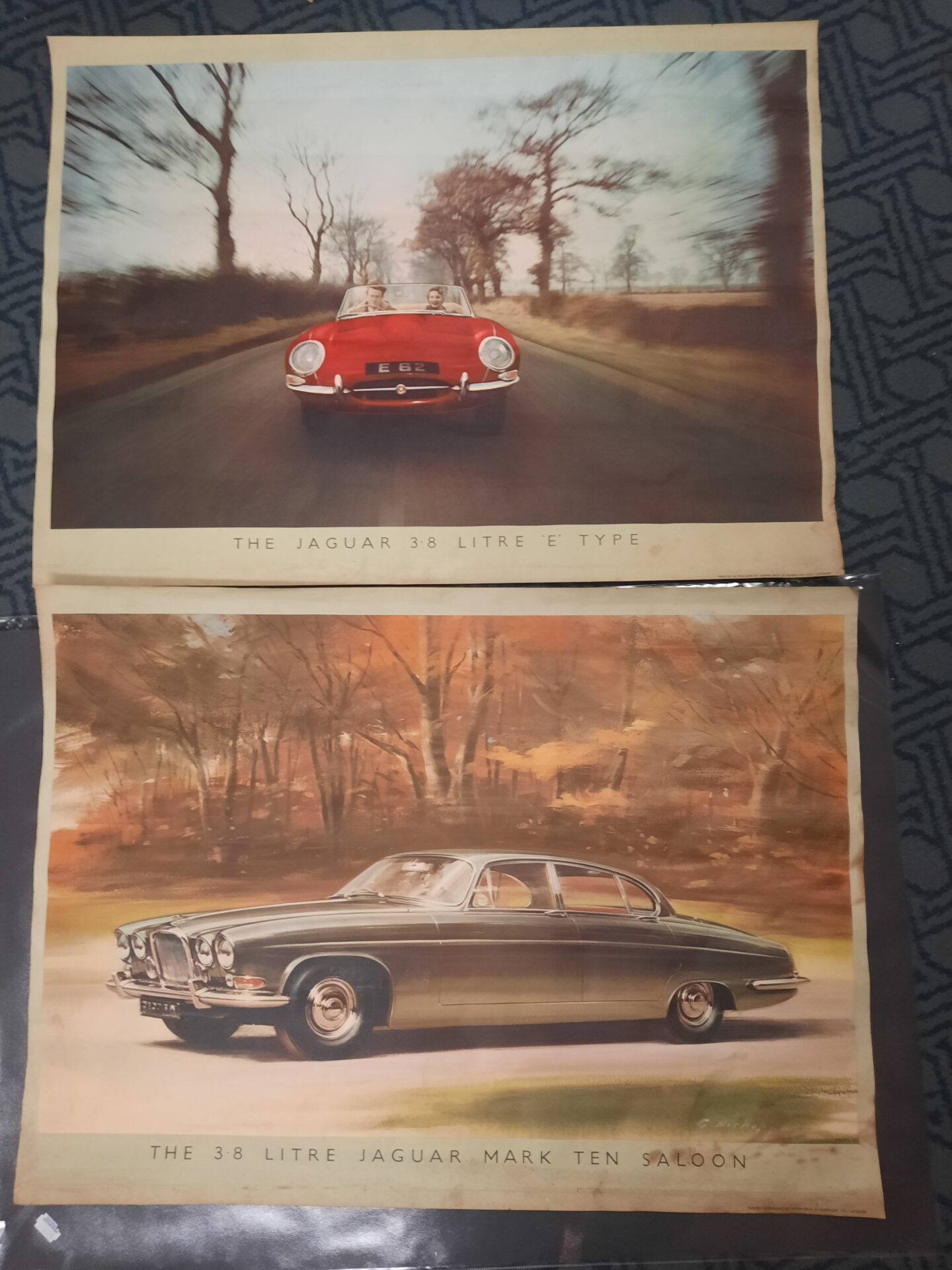 2 VINTAGE JAGUAR POSTERS: 3.8 LITRE 'E' TYPE & 3.8L MARK 10 SALOON ...