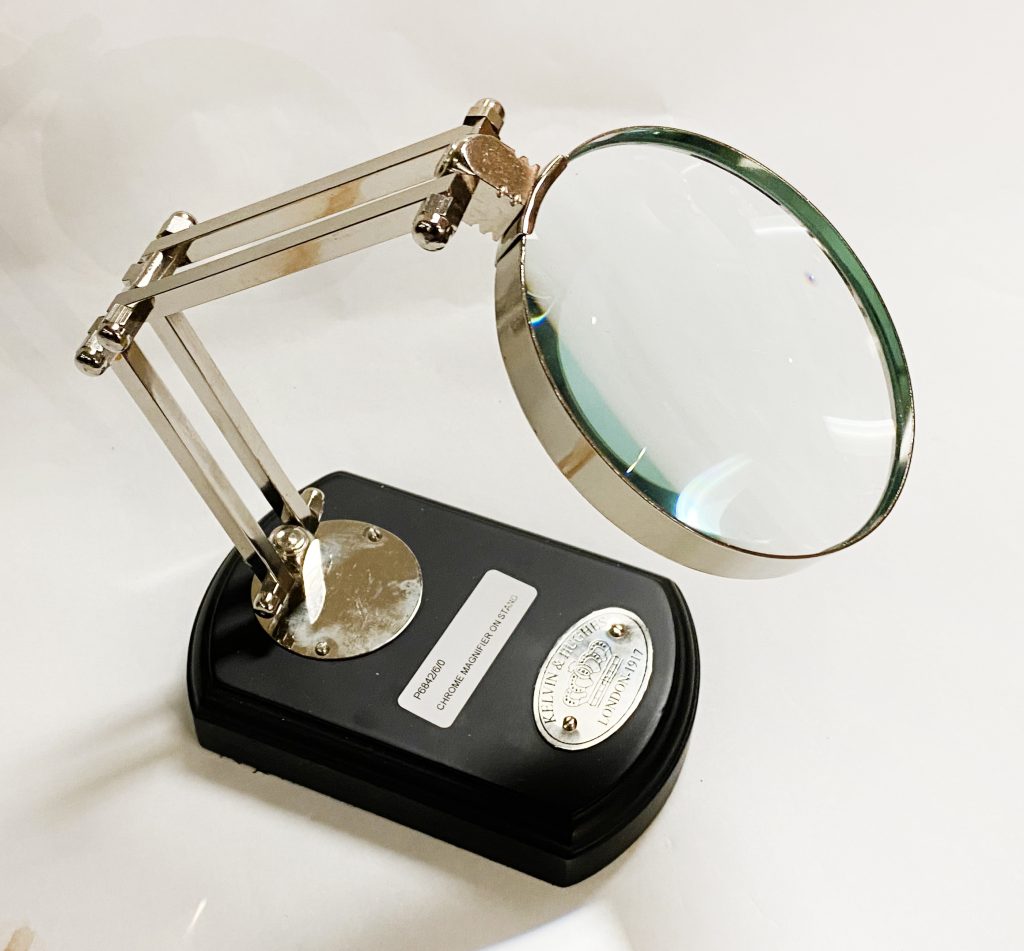 CHROME MAGNIFIER ON STAND - Southgate Auction Rooms