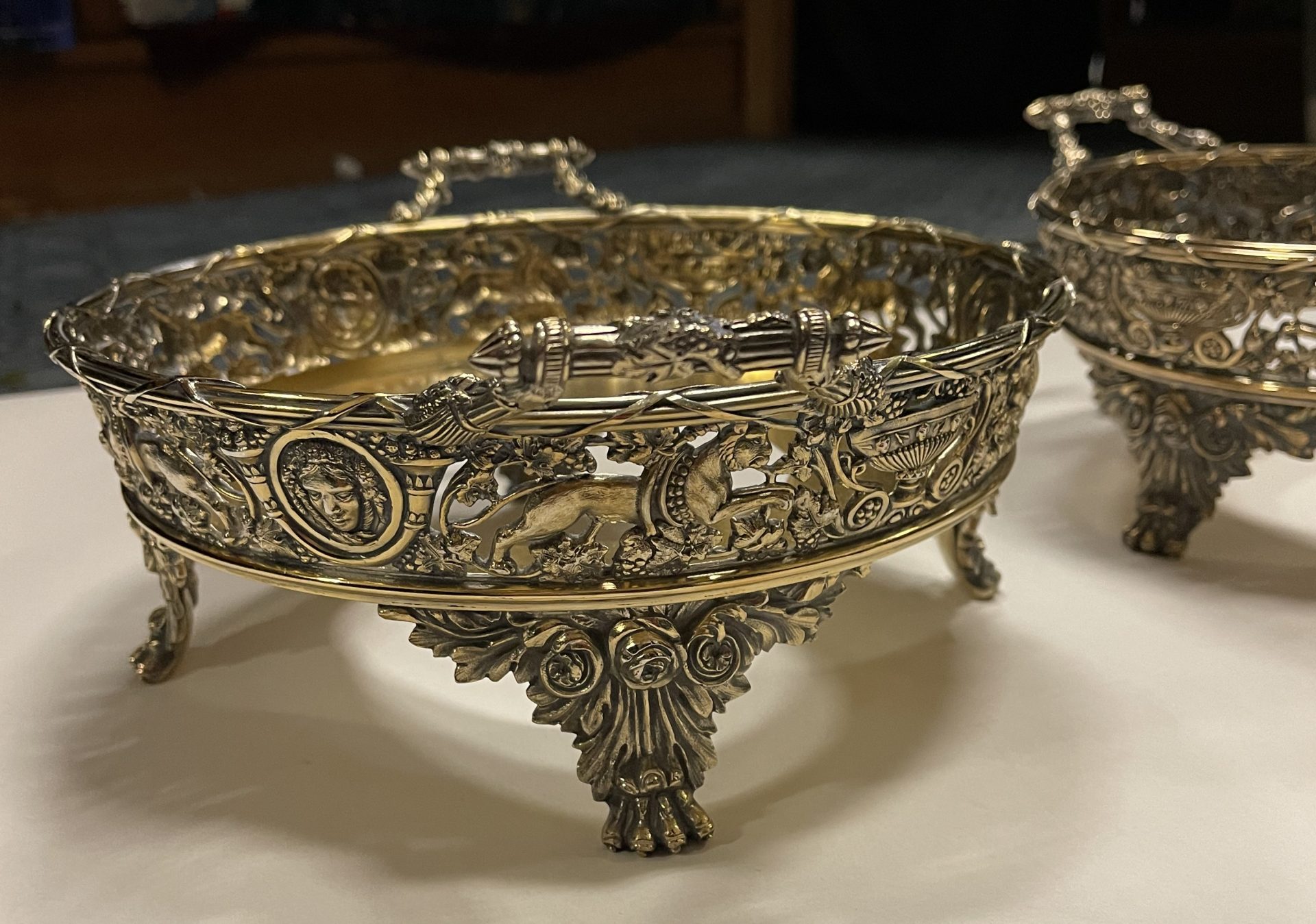 1886 PAIR OF GILDED SILVER DUAL HANDLED ''CELLINI'' DECORATED ...