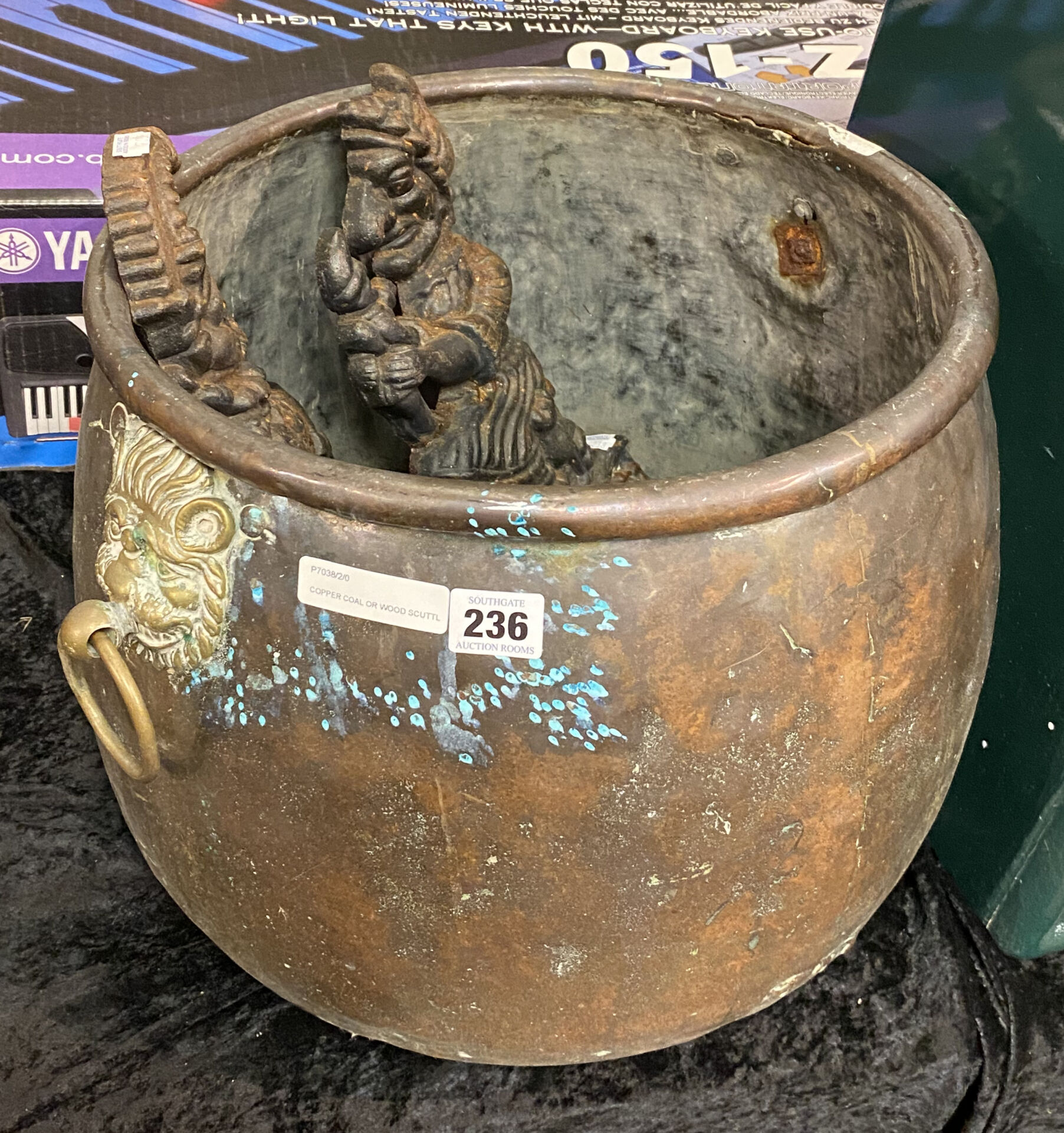 COPPER COAL OR WOOD SCUTTLE WITH PUNCH & JUDY FIRE DOGS (/F ...