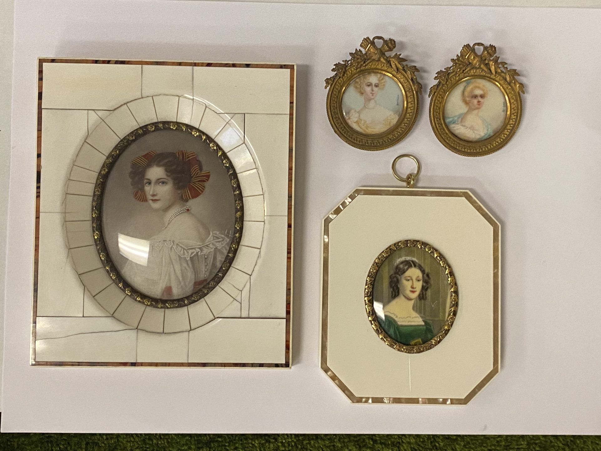 TWO EARLY MINIATURES OF STATELY LADIES & TWO SMALL BRASS FRAMED ...