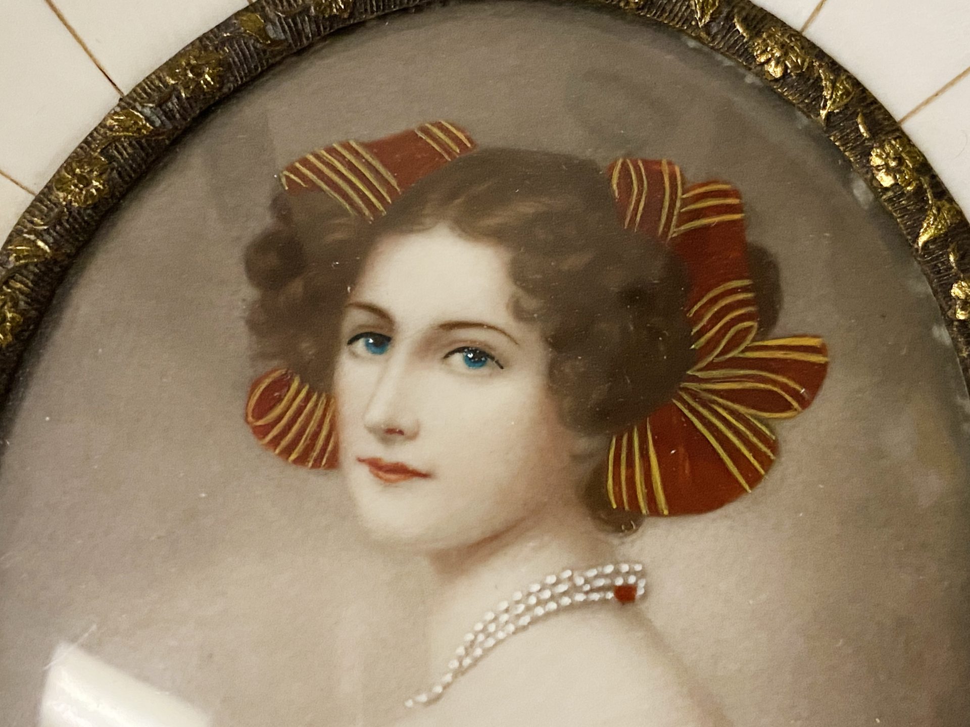 TWO EARLY MINIATURES OF STATELY LADIES & TWO SMALL BRASS FRAMED ...