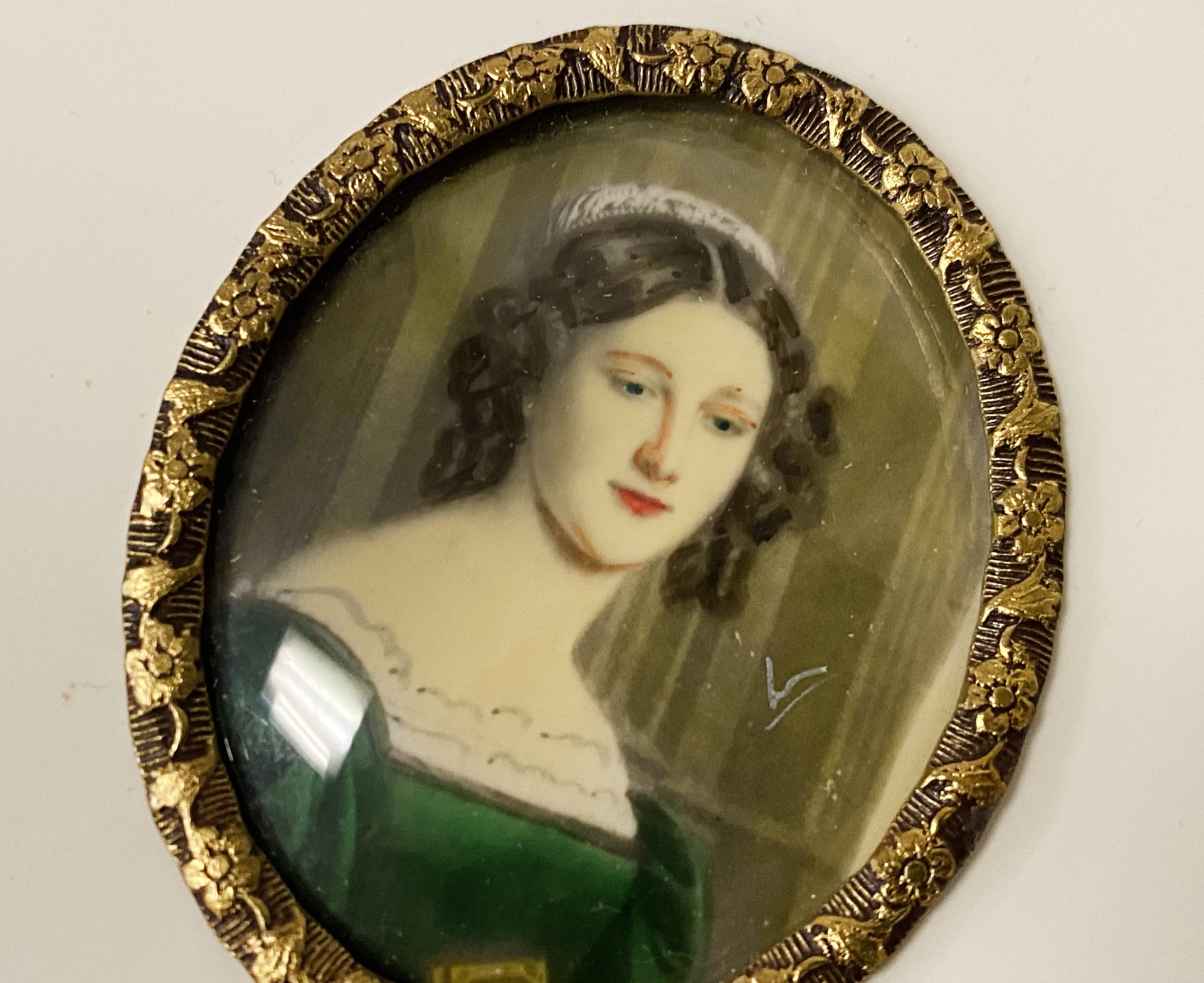 TWO EARLY MINIATURES OF STATELY LADIES & TWO SMALL BRASS FRAMED ...