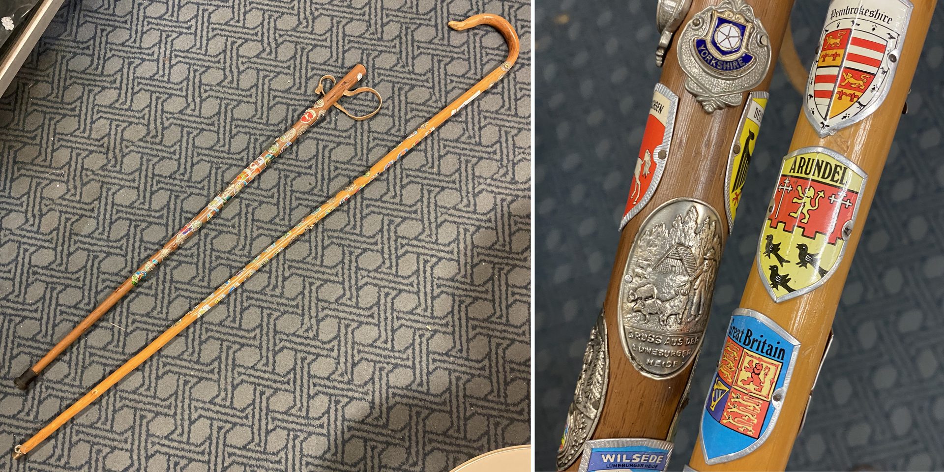 SHEEP CROCK & WALKING STICK WITH MILITARY BADGES - Southgate Auction Rooms