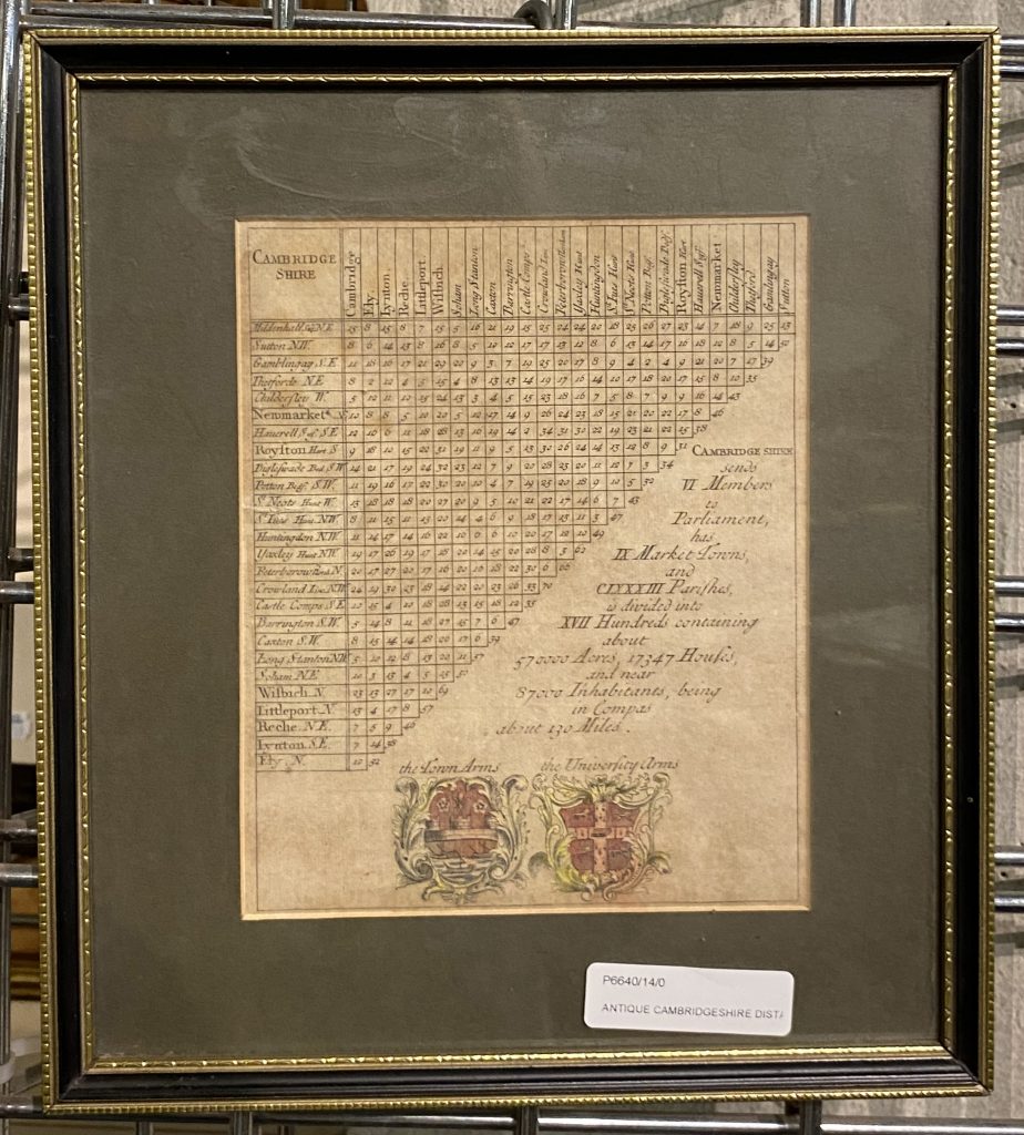 ANTIQUE CAMBRIDGESHIRE DISTANCE MAP - FRAMED - Southgate Auction Rooms