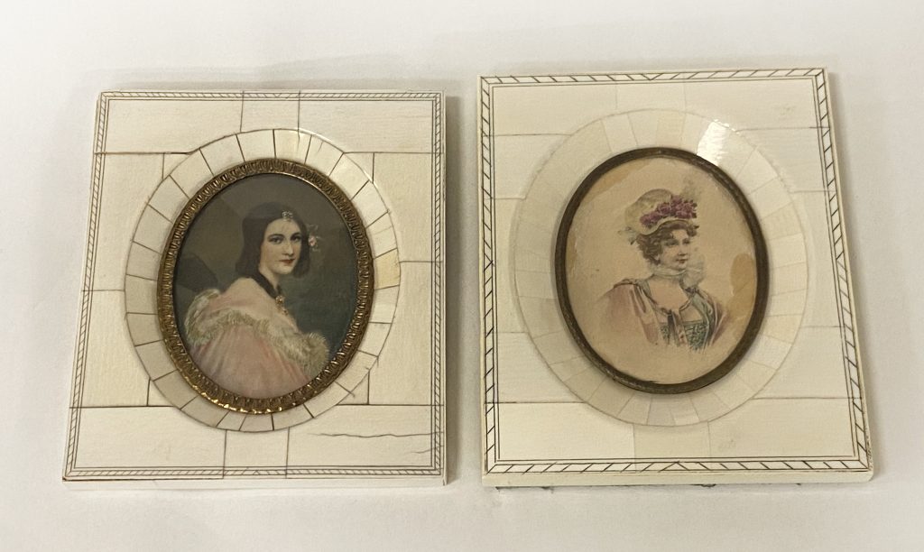 2 MINIATURES OF STATELY LADIES - 14CMS (H) X 12CMS (W) OUTER FRAME ...