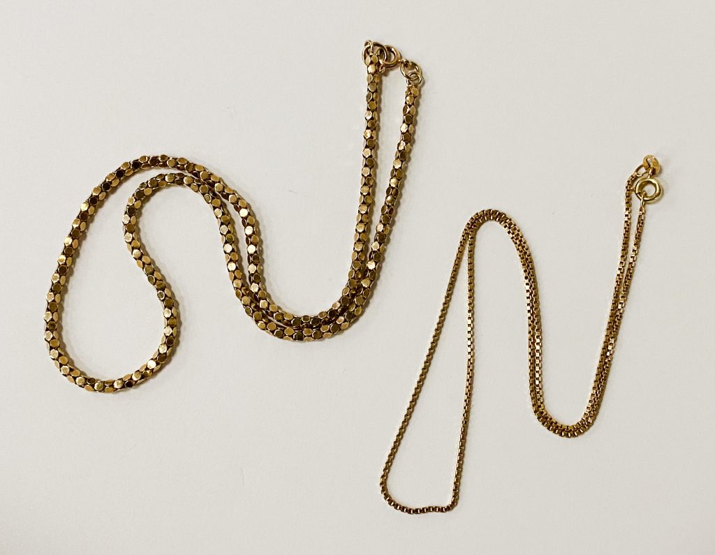 14CT GOLD BOX LINK CHAIN WITH A 10CT GOLD CHAIN - 11.5 GRAMS TOTAL ...