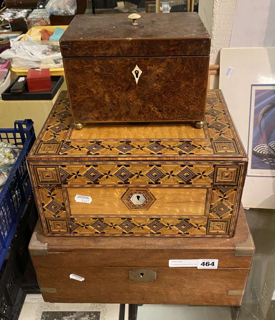 TUNBRIDGE WARE BOX, TEA CADDY & SLOPE - Southgate Auction Rooms