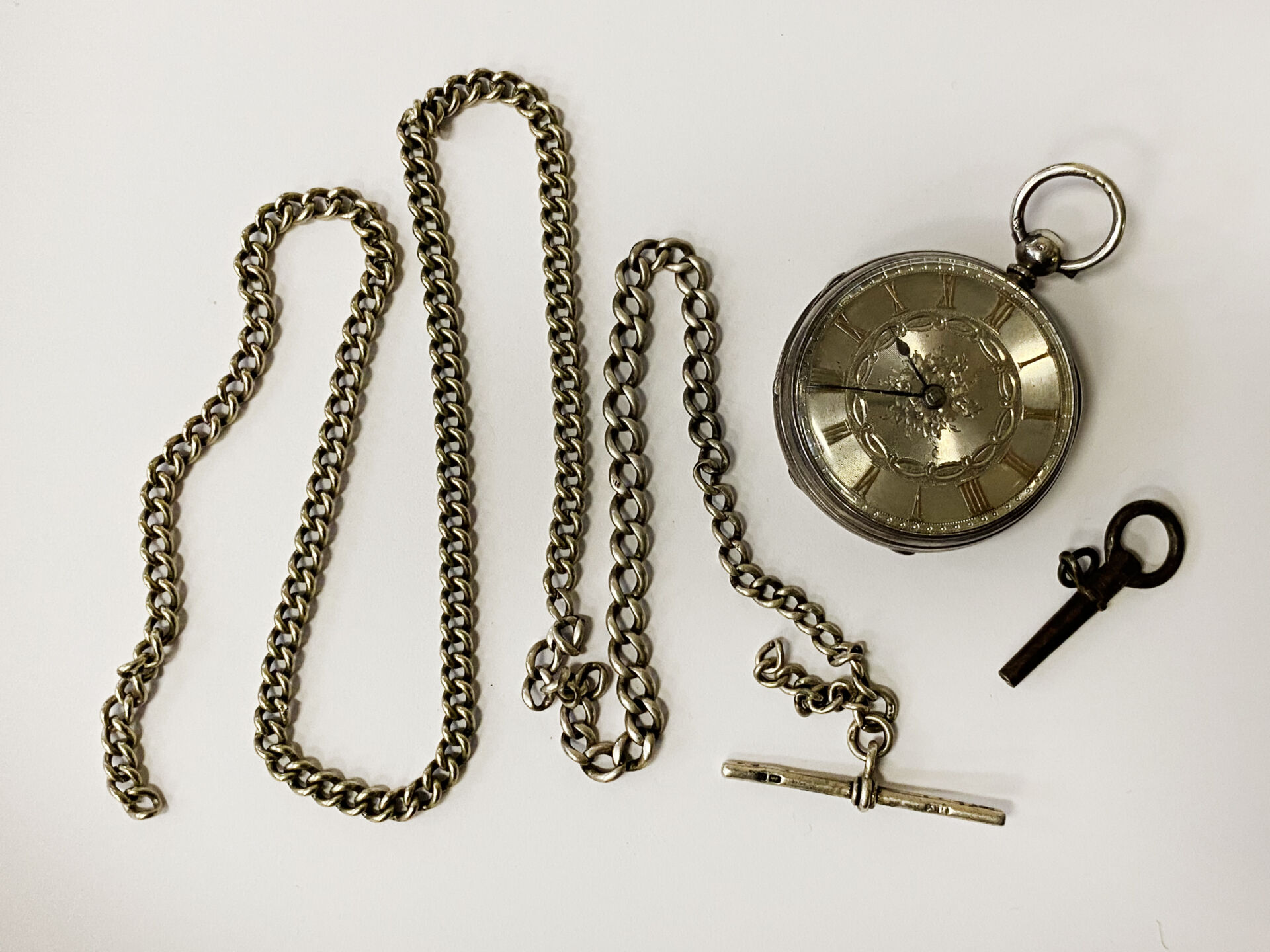 HM SILVER FOB WATCH & ALBERT CHAIN - WITH KEY - Southgate Auction Rooms