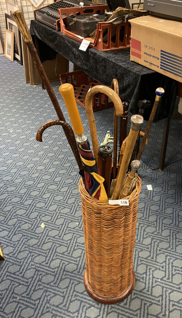 WICKER WALKING STICKS STAND WITH STICKS & UMBRELLAS - Southgate Auction ...