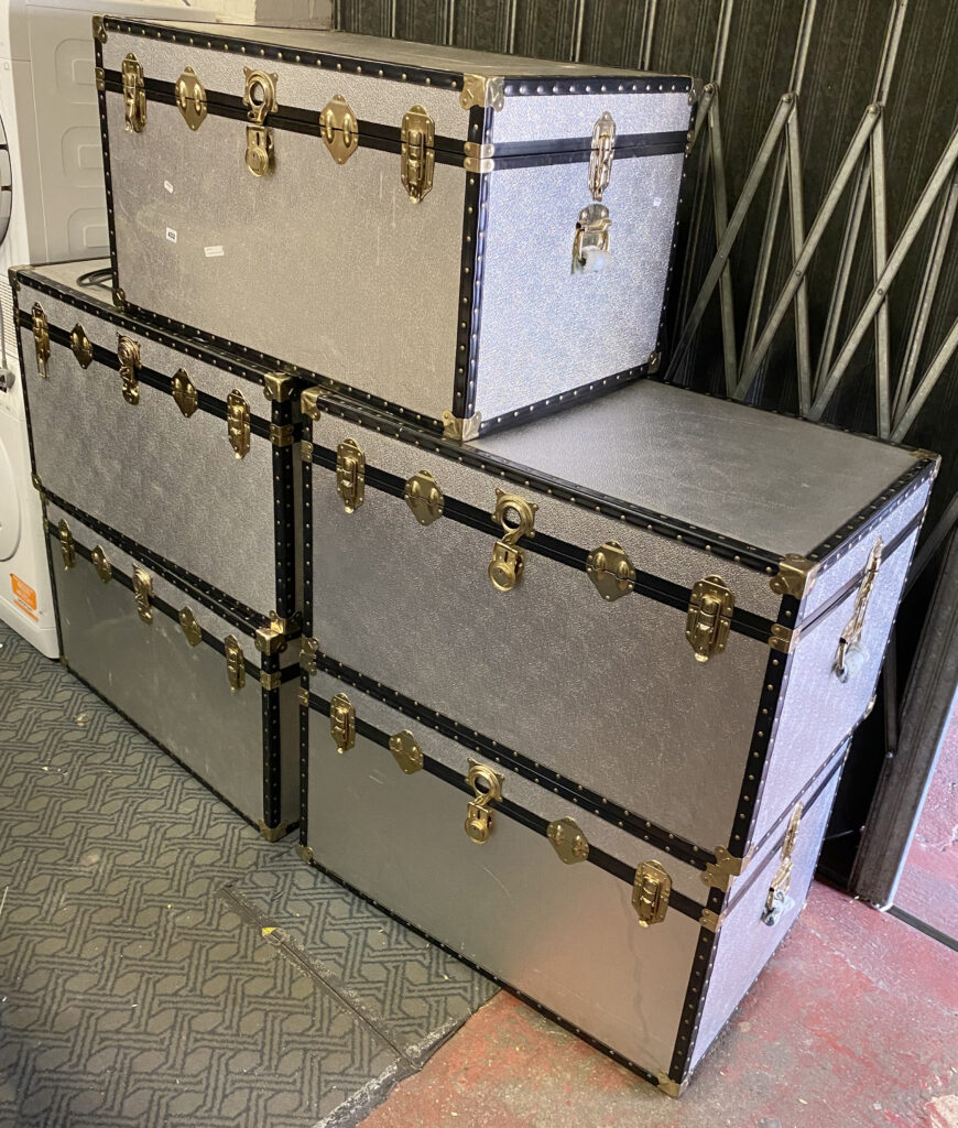 5 SILVER METAL FLIGHT TRUNKS - Southgate Auction Rooms