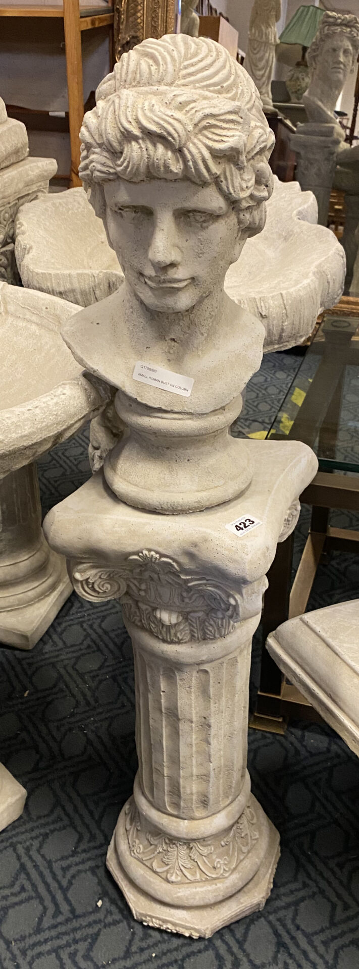 SMALL ROMAN BUST ON COLUMN GARDEN FIGURE - Southgate Auction Rooms
