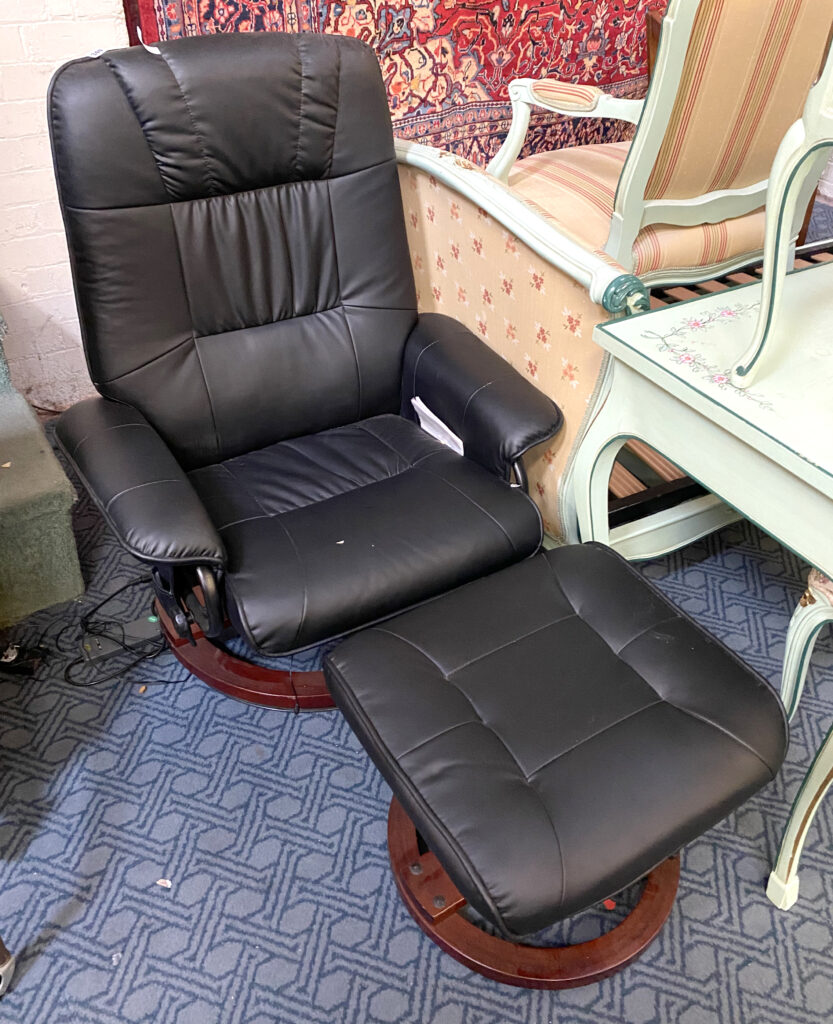 RESTWELL BLACK LEATHER SWIVEL MASSAGE CHAIR & FOOTSTOOL - EX SHOW FLAT ...
