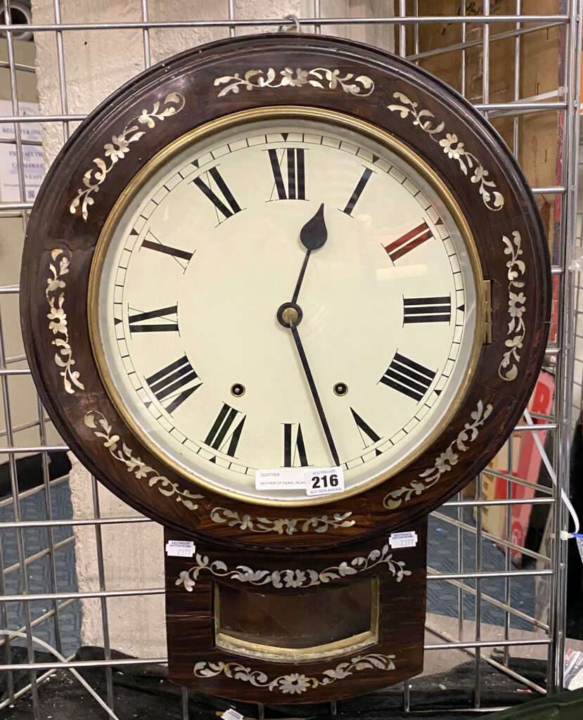 MOTHER OF PEARL INLAID MAHOGANY STRIKING WALL CLOCK ( WITH KEY ...