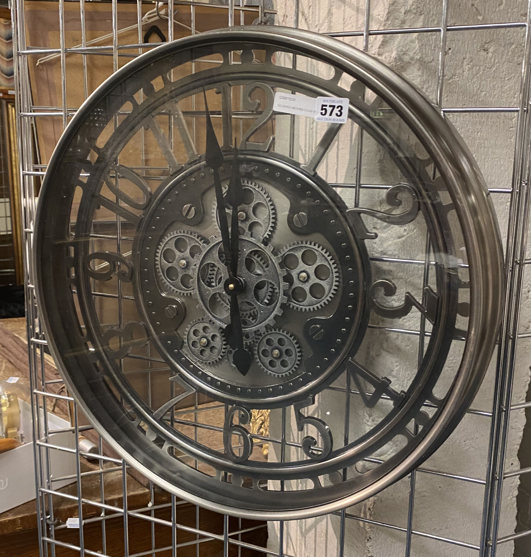 SILVERED MOVING COGS WALL CLOCK - Southgate Auction Rooms