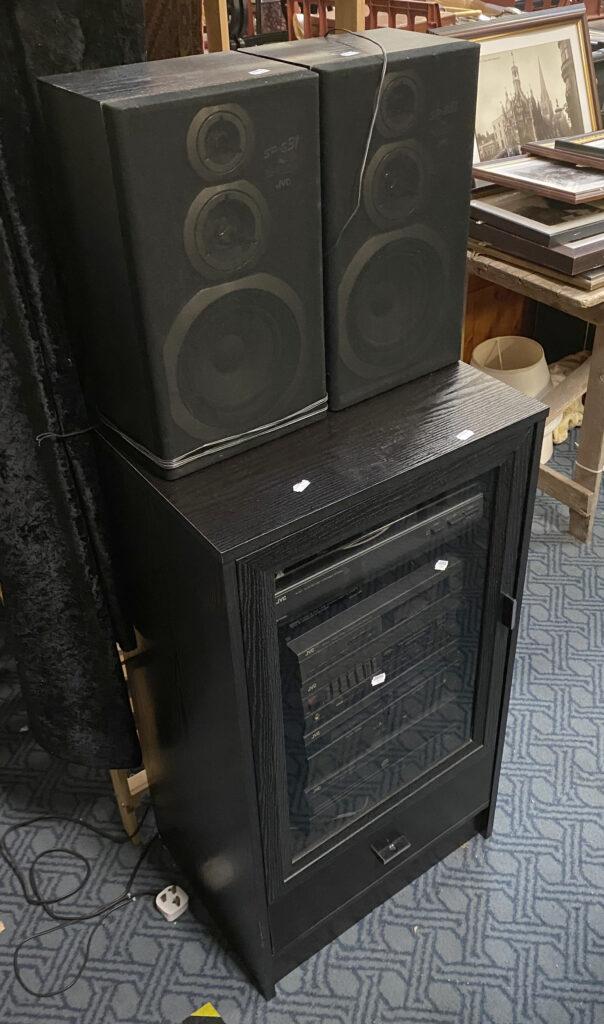 JVC STACKING SYSTEM IN CABINET WITH SPEAKERS - Southgate Auction Rooms