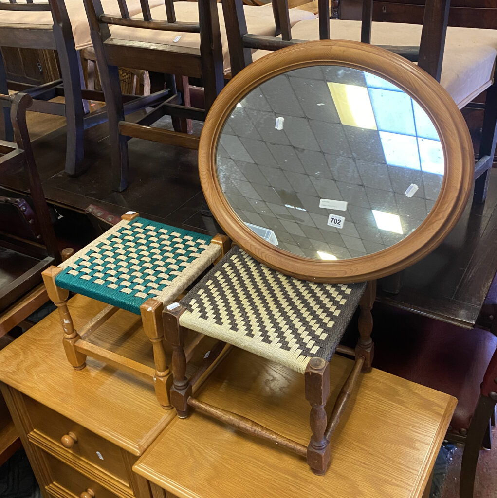 2 SMALL FOOT STOOLS & MIRROR - Southgate Auction Rooms
