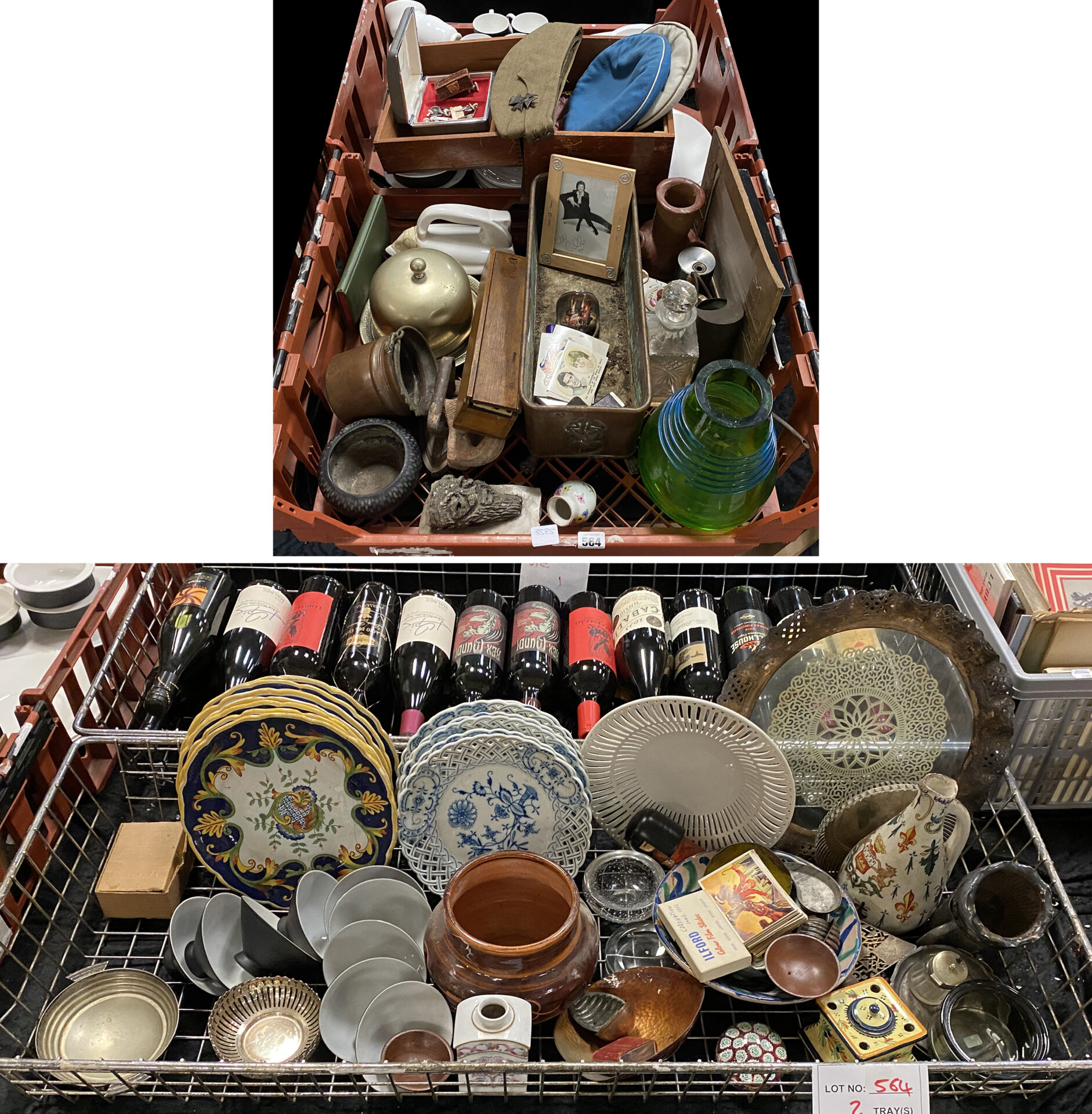 2 TRAYS OF BRIC A BRAC TO INCLUDE 6 MEISSEN LATTICEWARE PLATES & AN ART ...