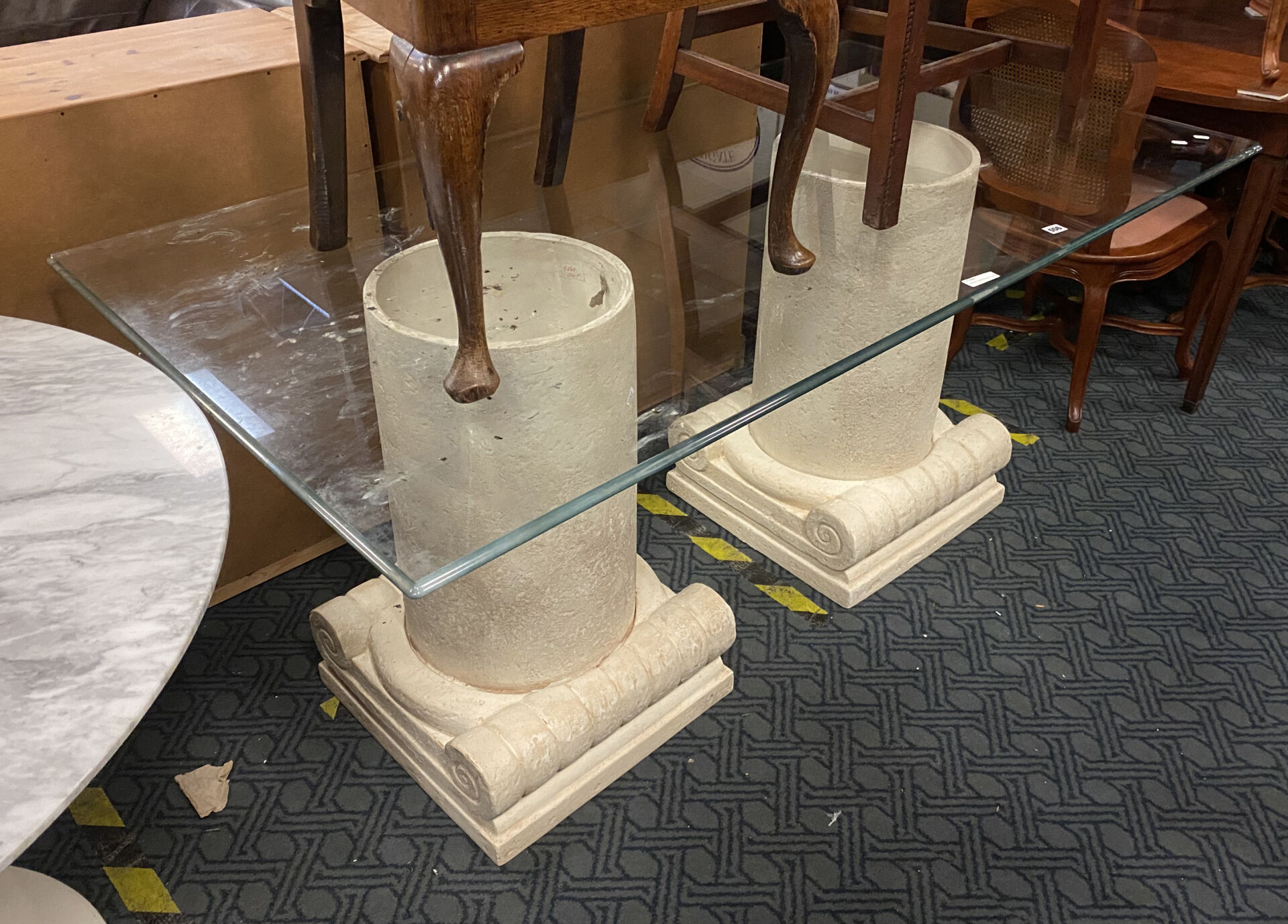 GREEK COLUMN PEDESTAL GLASS TOP TABLE - Southgate Auction Rooms