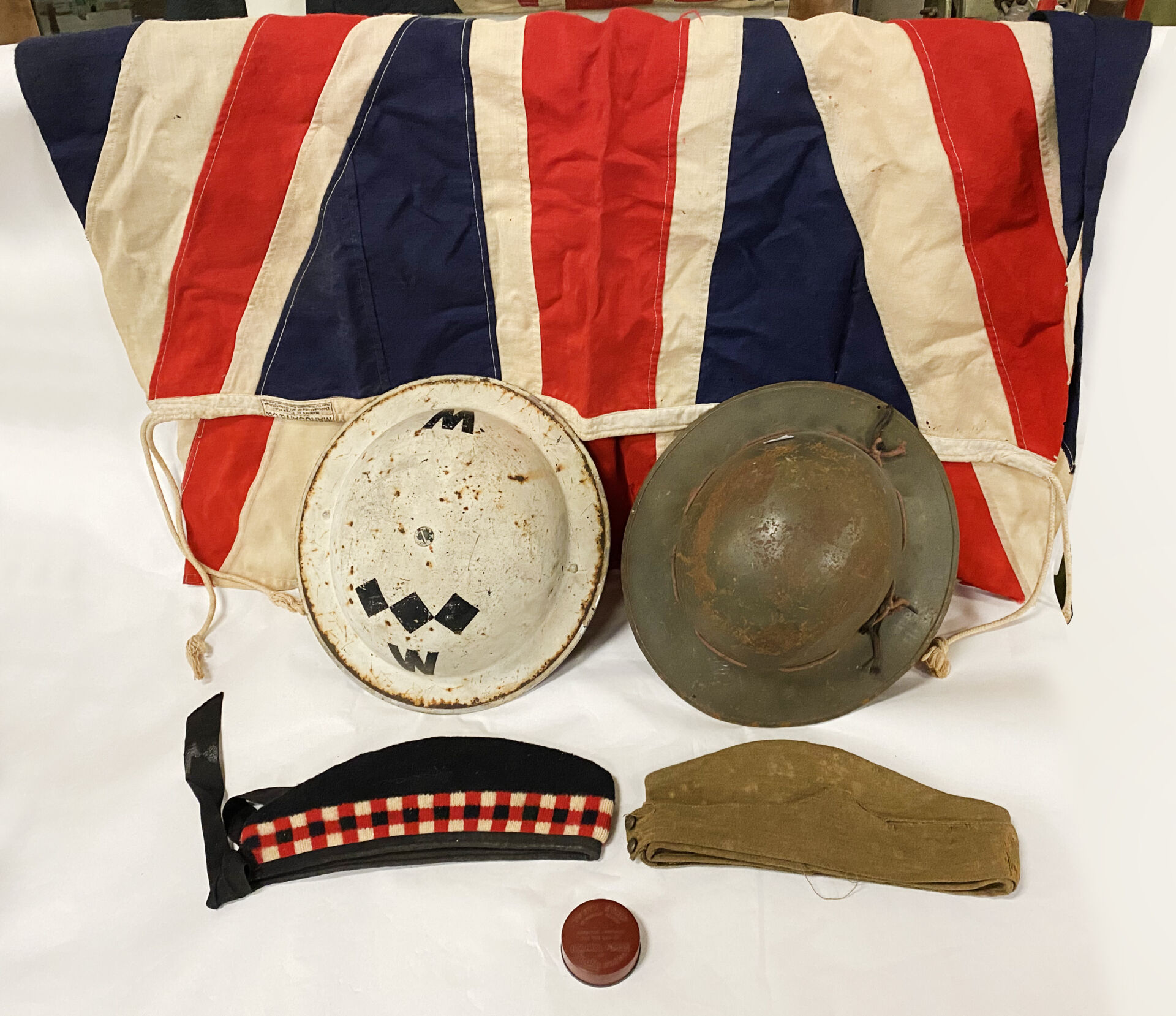 HOME FRONT WARDEN HAT & 1 OTHER & EARLY BRITISH FLAG & 2 CLOTH MILITARY ...