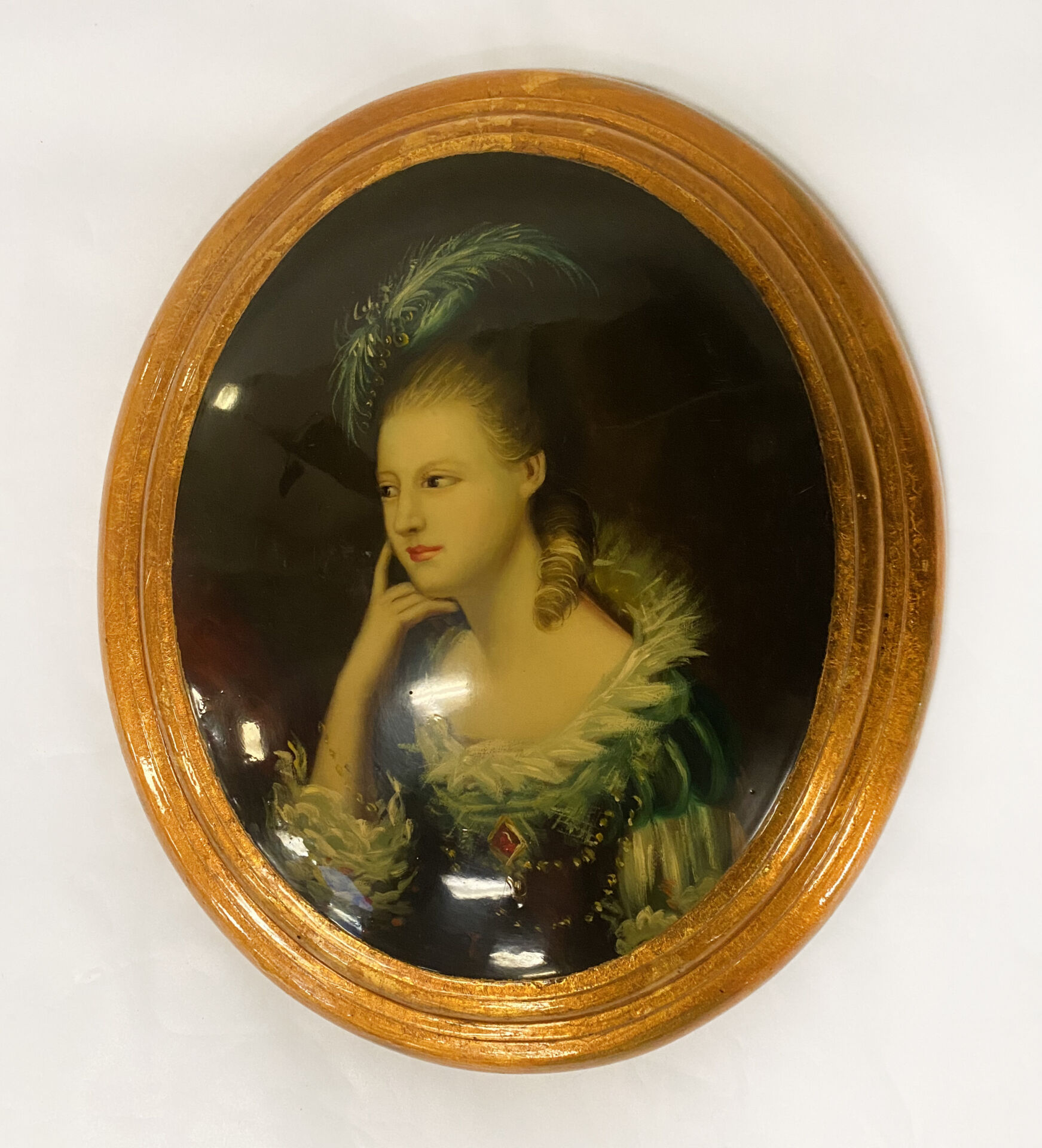 HAND PAINTED NEOCLASSICAL PICTURE OF STATELY LADY WITH FASCINATOR - 25. ...