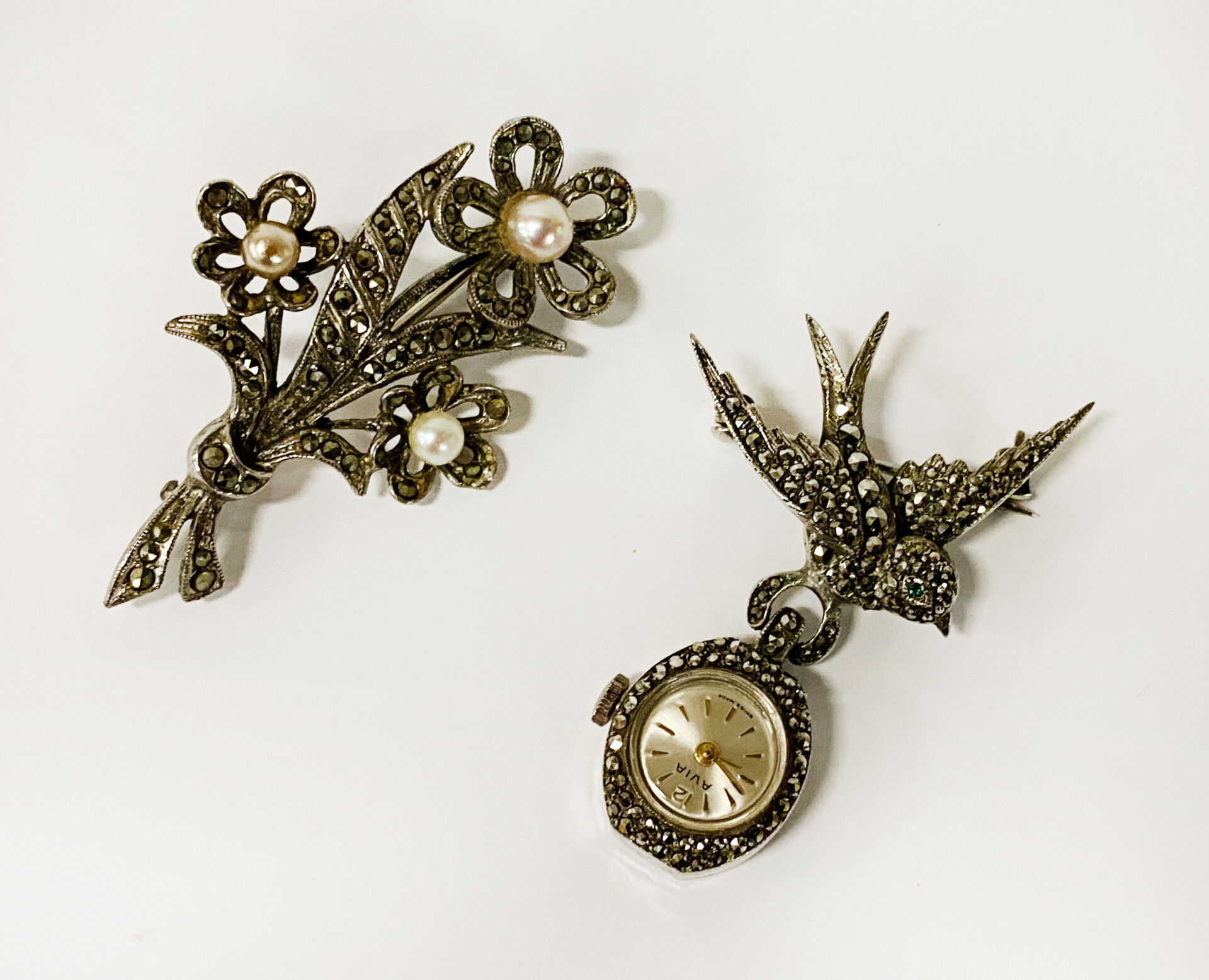 SILVER SWIFT MARCASITE AVIA NURSES WATCH WITH A SILVER MARCASITE PEARL ...