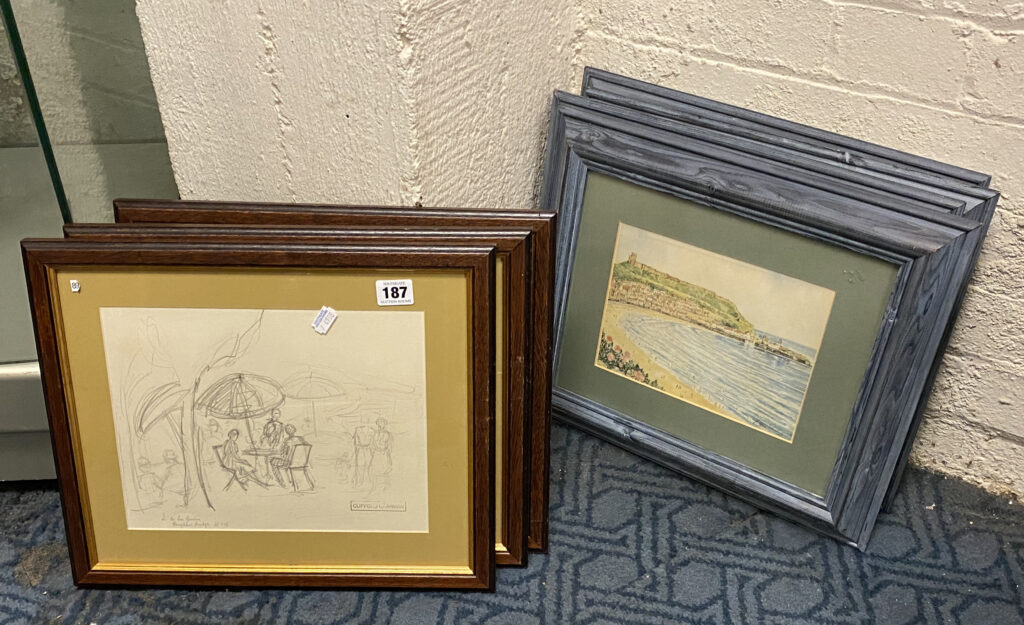 3 CLIFFORD CHARMAN PENCIL DRAWINGS FRAMED WITH FOUR ALAN SKITTLE PRINTS ...