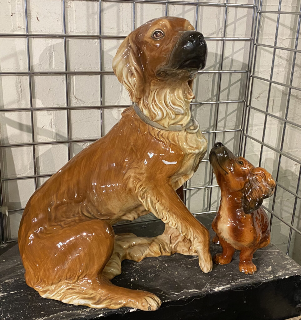 LARGE GLAZED CERAMIC FIGURE OF DOG TOGETHER WITH A GOEBEL FIGURE OF DOG ...