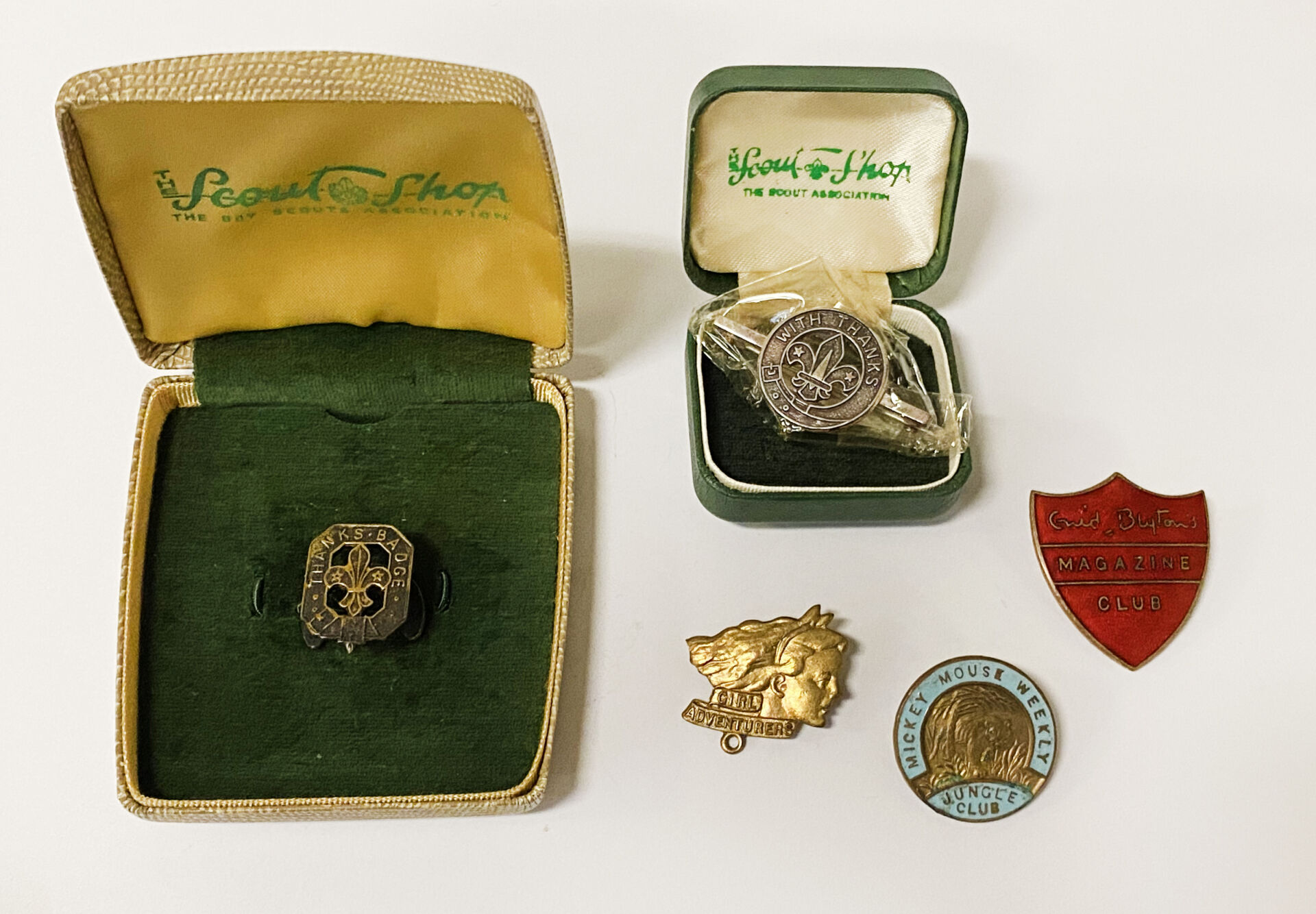 TWO BOXED HM SILVER SCOUT BADGES TOGETHER WITH 1930'S MICKEY MOUSE ...