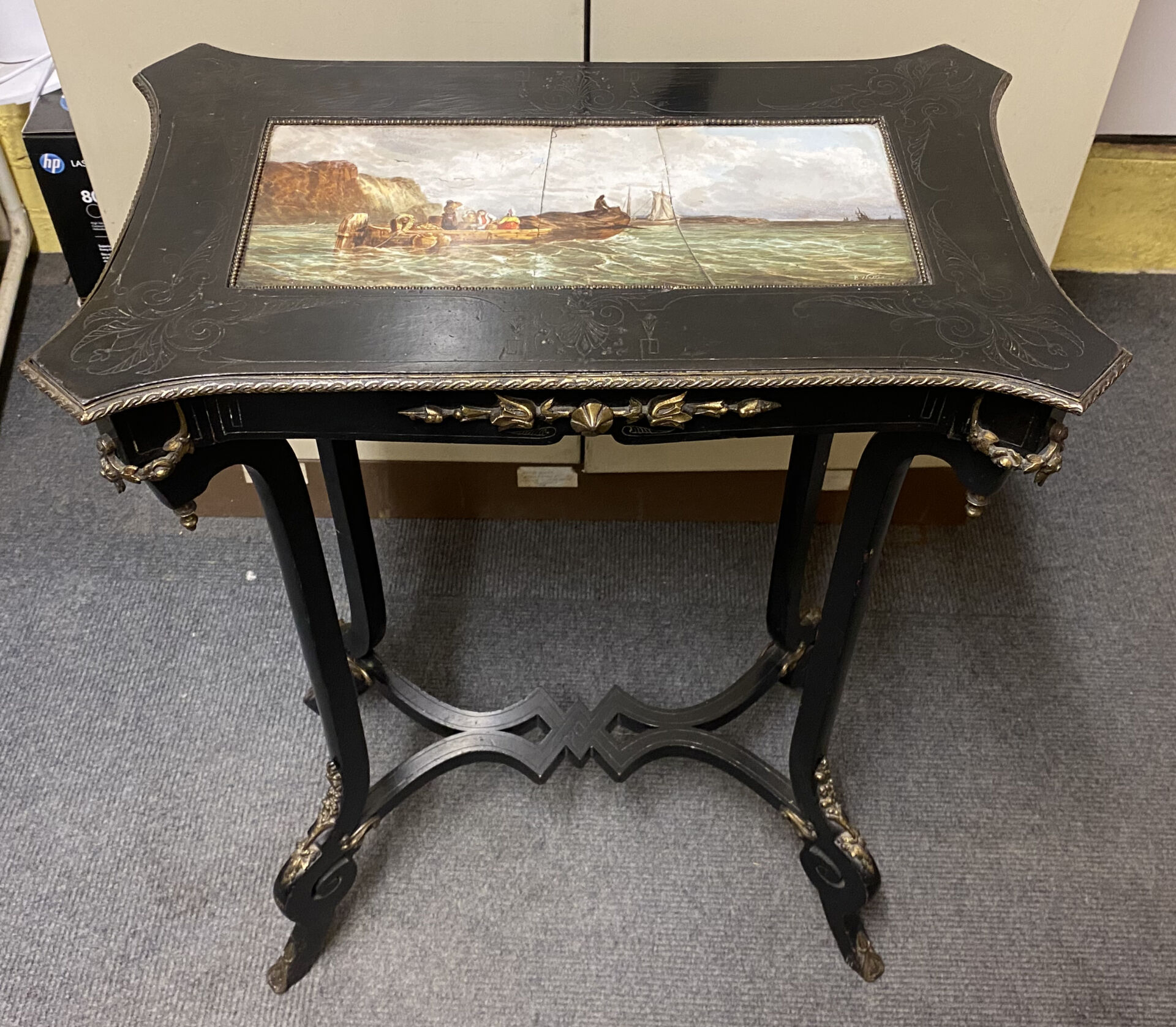 HAND PAINTED TILE TOP TABLE BY BENJAMIN NETTER, SIGNED - TWO CRACKS A.F ...